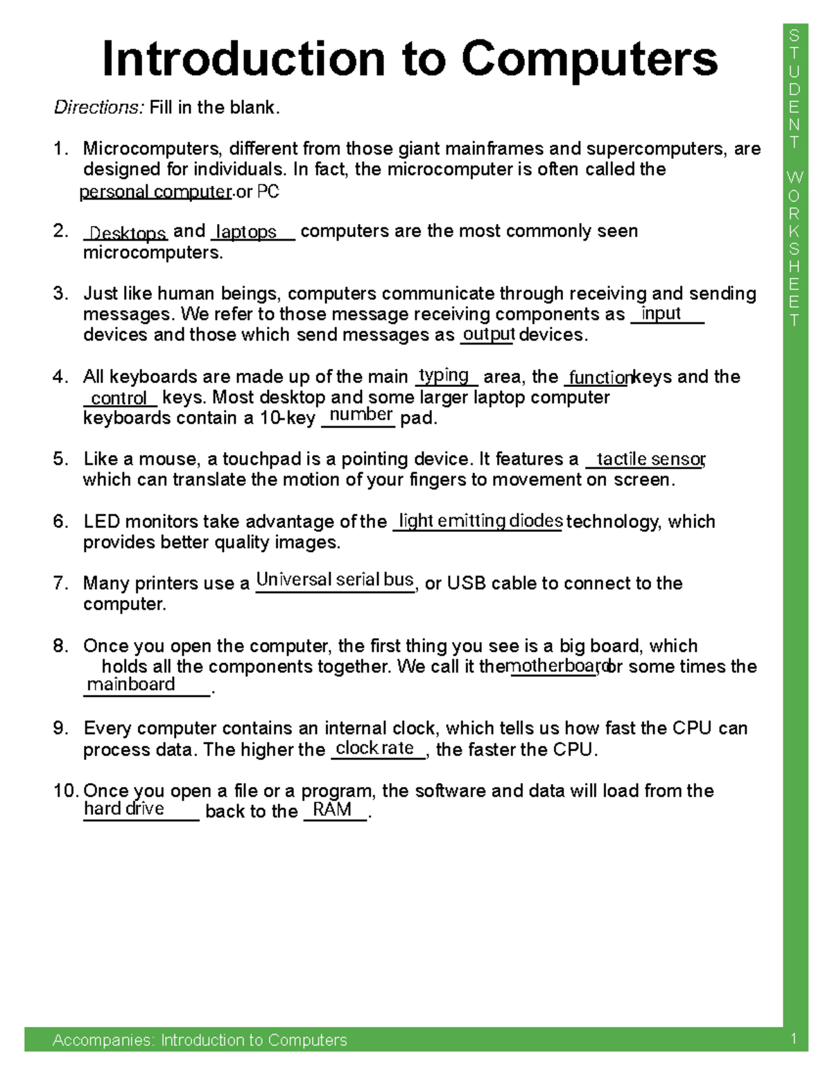 Kami Export - Worksheet - T U D E N T W O R K S H E E T Introduction to Computers Directions ...