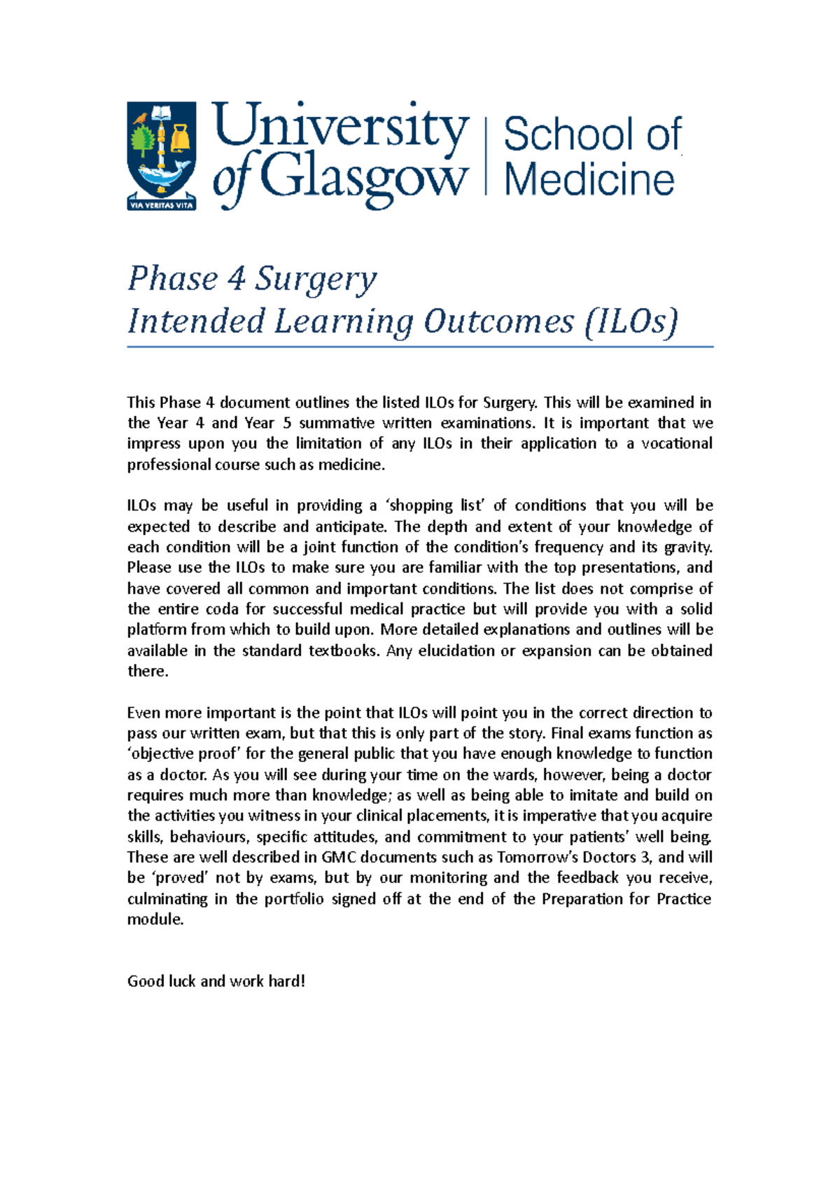 Surgery Learning Objectives - Phase 4 Surgery Intended Learning ...