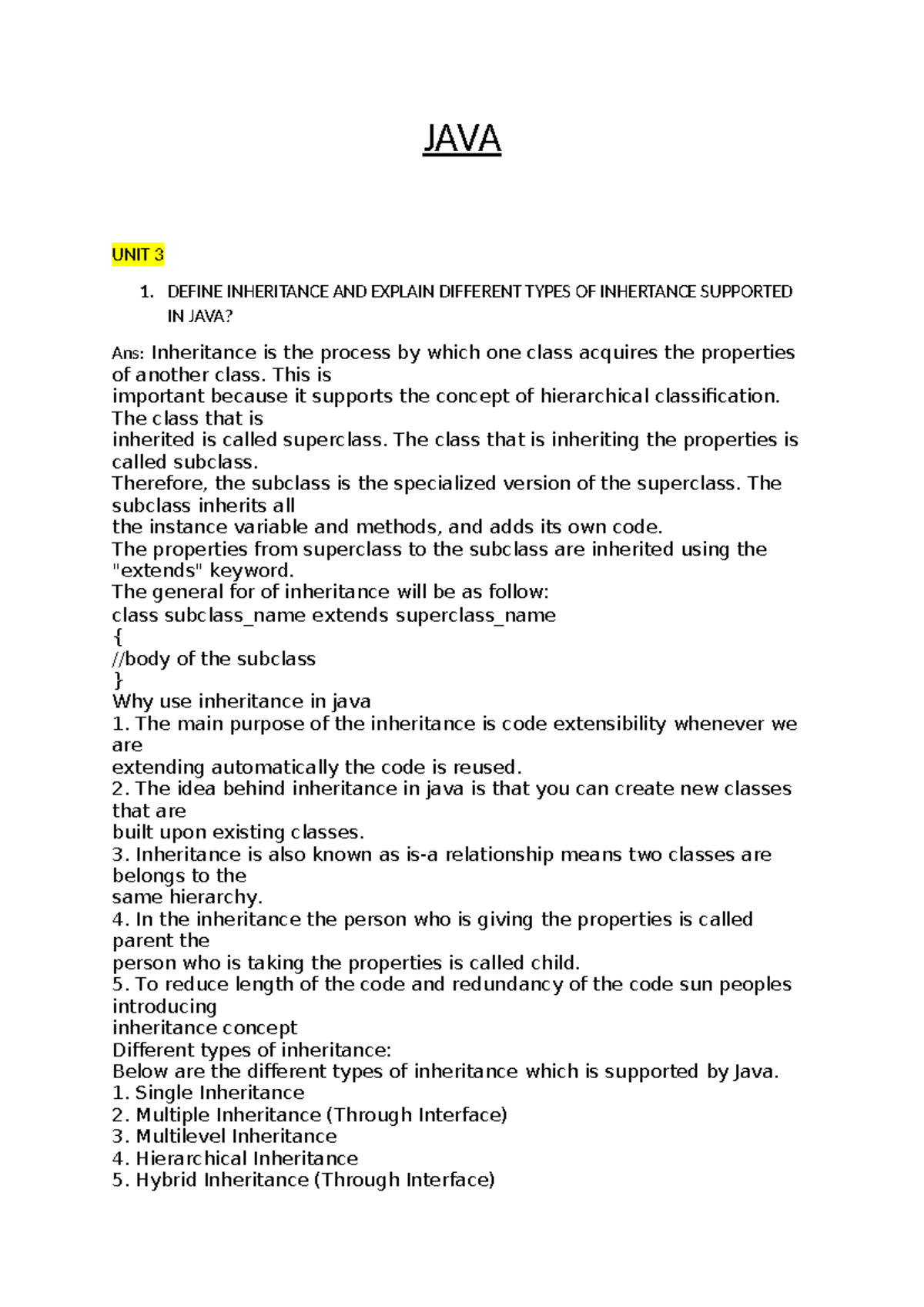 JAVA Notes mid 2 - you can learn it for your semister exams - JAVA UNIT ...