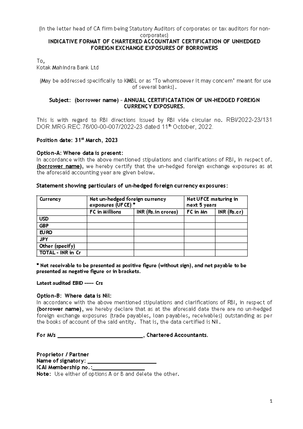 UFCE Certificate - (In the letter head of CA firm being Statutory ...