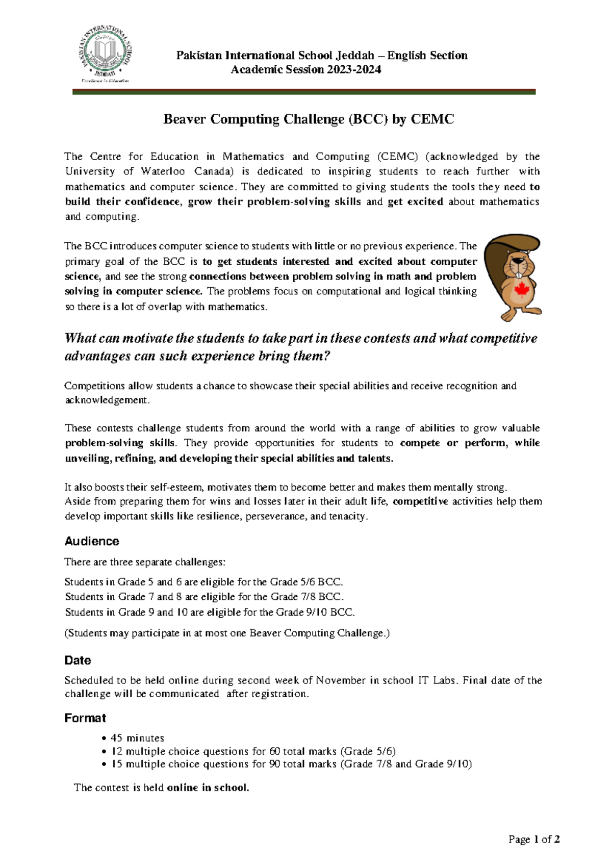 BCC-Memo-2023 - Page 1 of 2 Pakistan International School Jeddah ...
