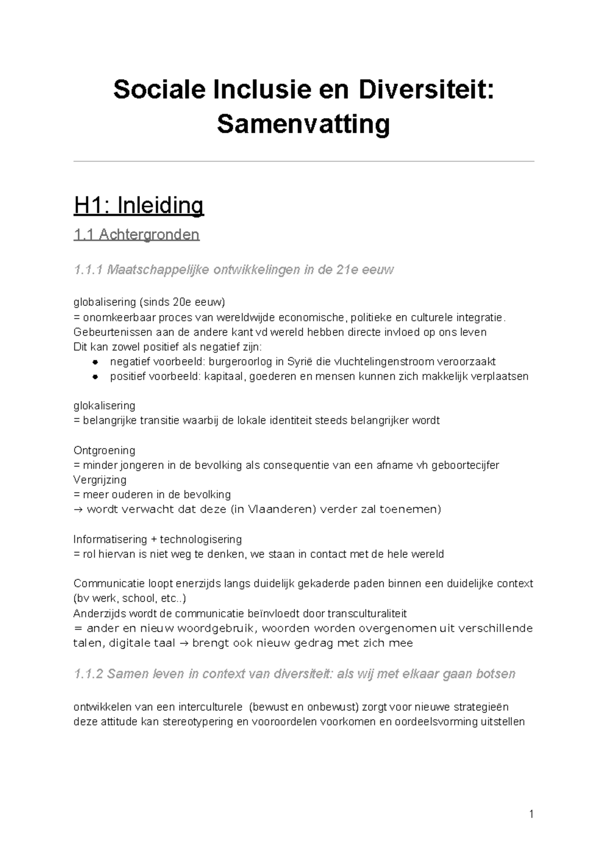 SID- Samenvatting - Sociale Inclusie en Diversiteit: Samenvatting H1: Inleiding 1 Achtergronden ...