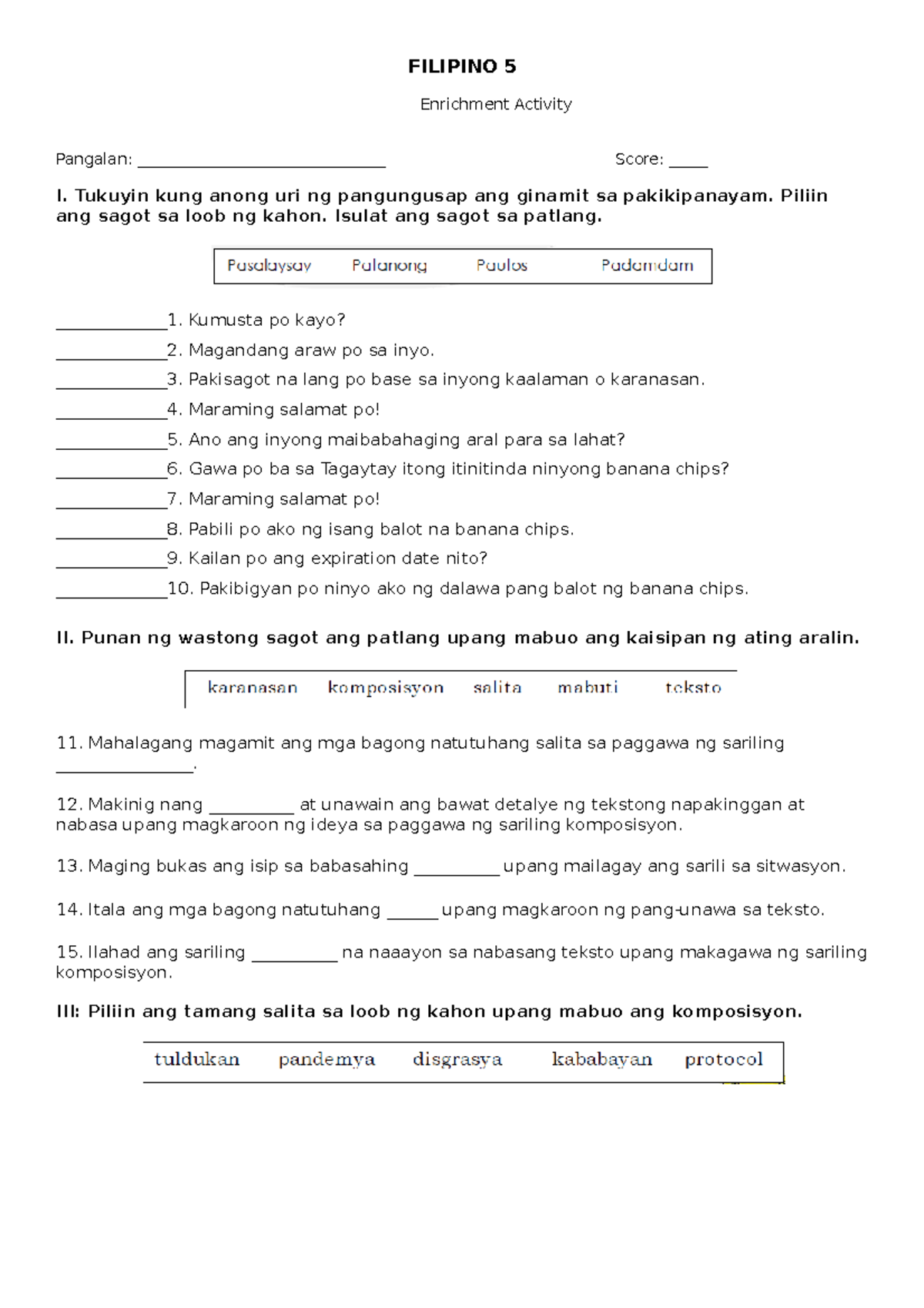 Filipino enrichment activity - FILIPINO 5 Enrichment Activity Pangalan ...