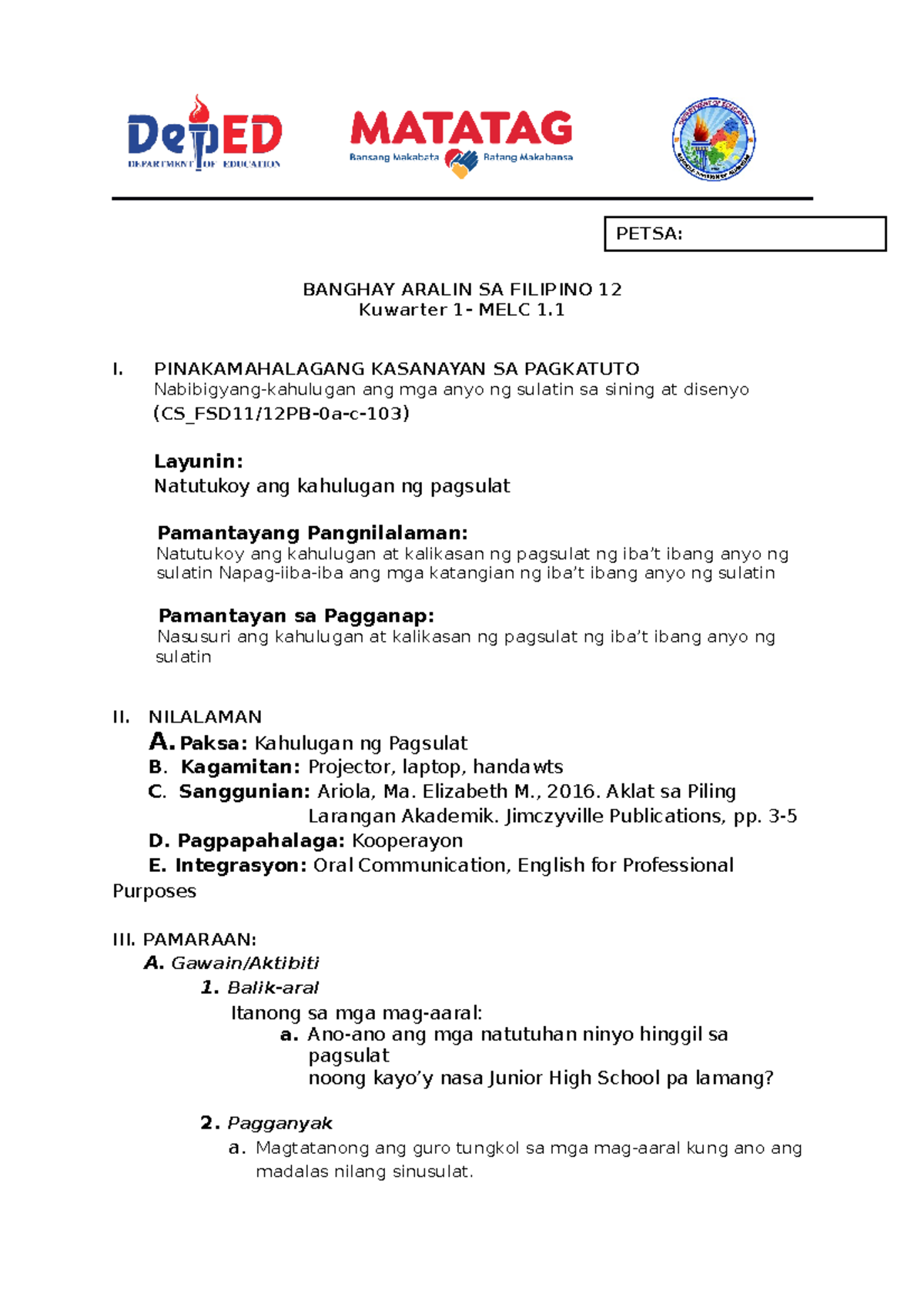 Fil12 Akademik LP W1 Melc1 - BANGHAY ARALIN SA FILIPINO 12 Kuwarter 1 ...