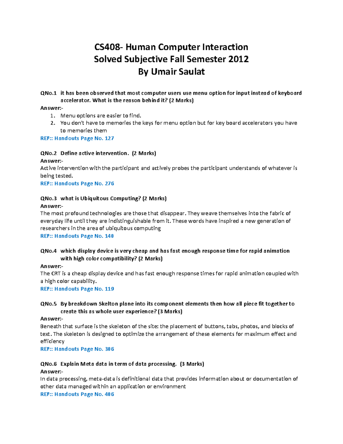 CS408 Final Term Solved Subjective with Reference by Umair Saulat - CS408- Human Computer - Studocu