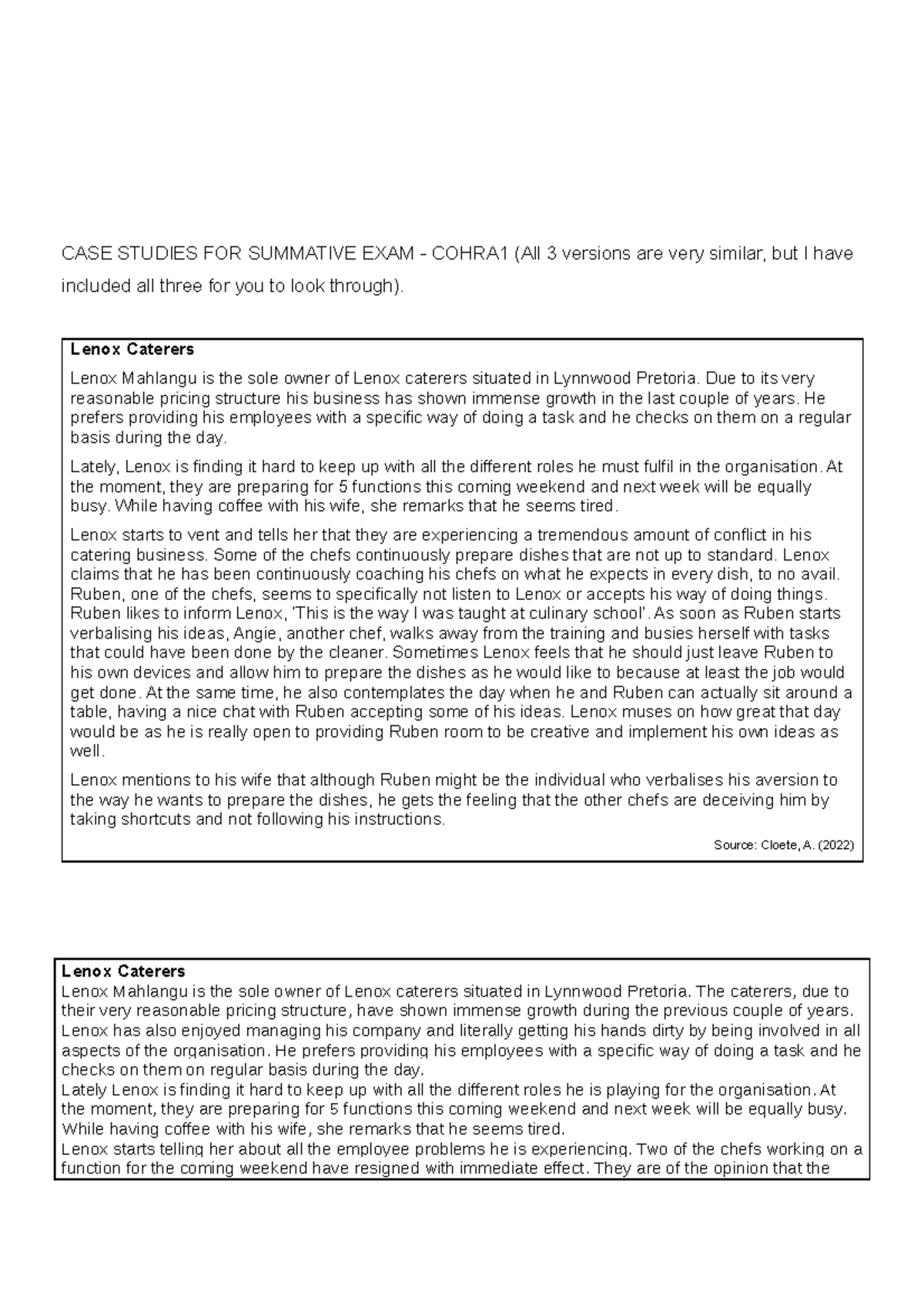 CASE Studies FOR Summative EXAM-1 - CASE STUDIES FOR SUMMATIVE EXAM - COHRA1 (All 3 versions are ...