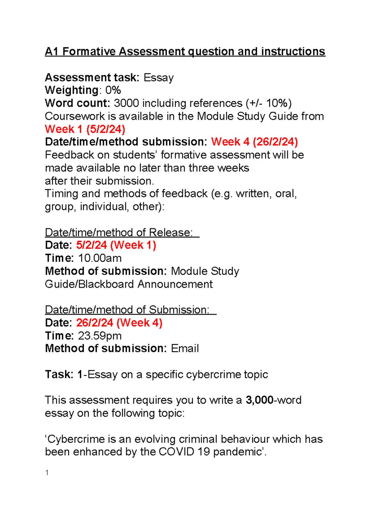 A1 Formative Assessment Question and Instructions - A1 Formative ...