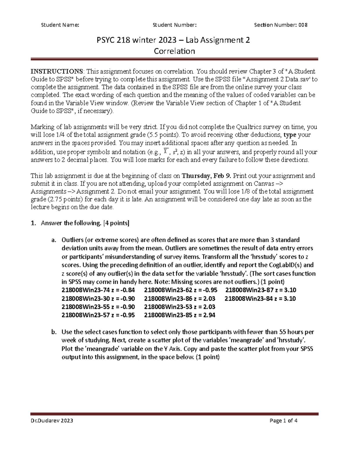 PSYC 218 008 - Assignment 2 - PSYC 218 winter 2023 – Lab Assignment 2 Correlation INSTRUCTIONS ...