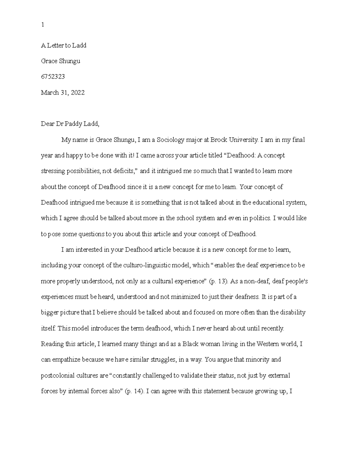 Letter to a theorist - Essay. - A Letter to Ladd Grace Shungu 6752323 ...