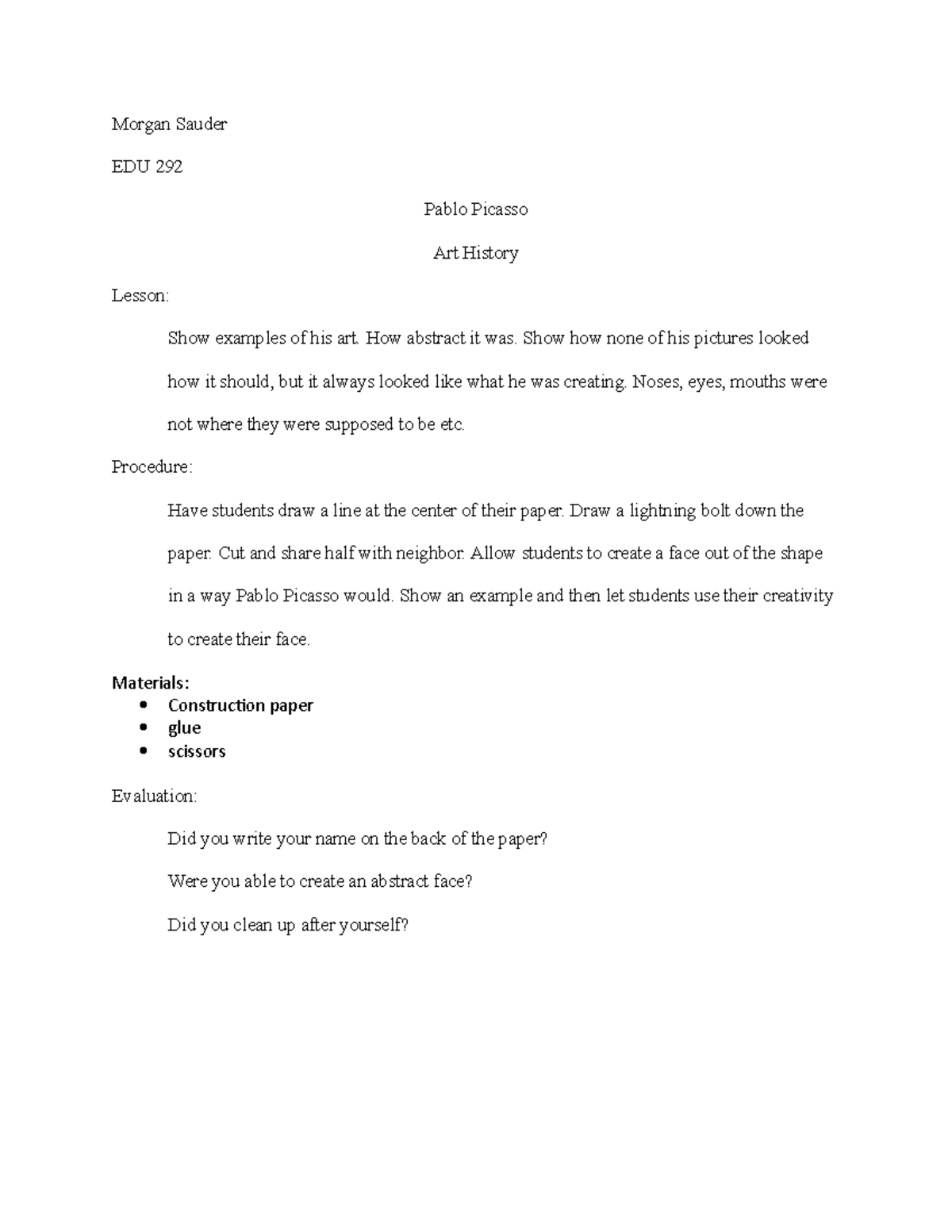 Pablo picasso - Lesson plan - Morgan Sauder EDU 292 Pablo Picasso Art ...