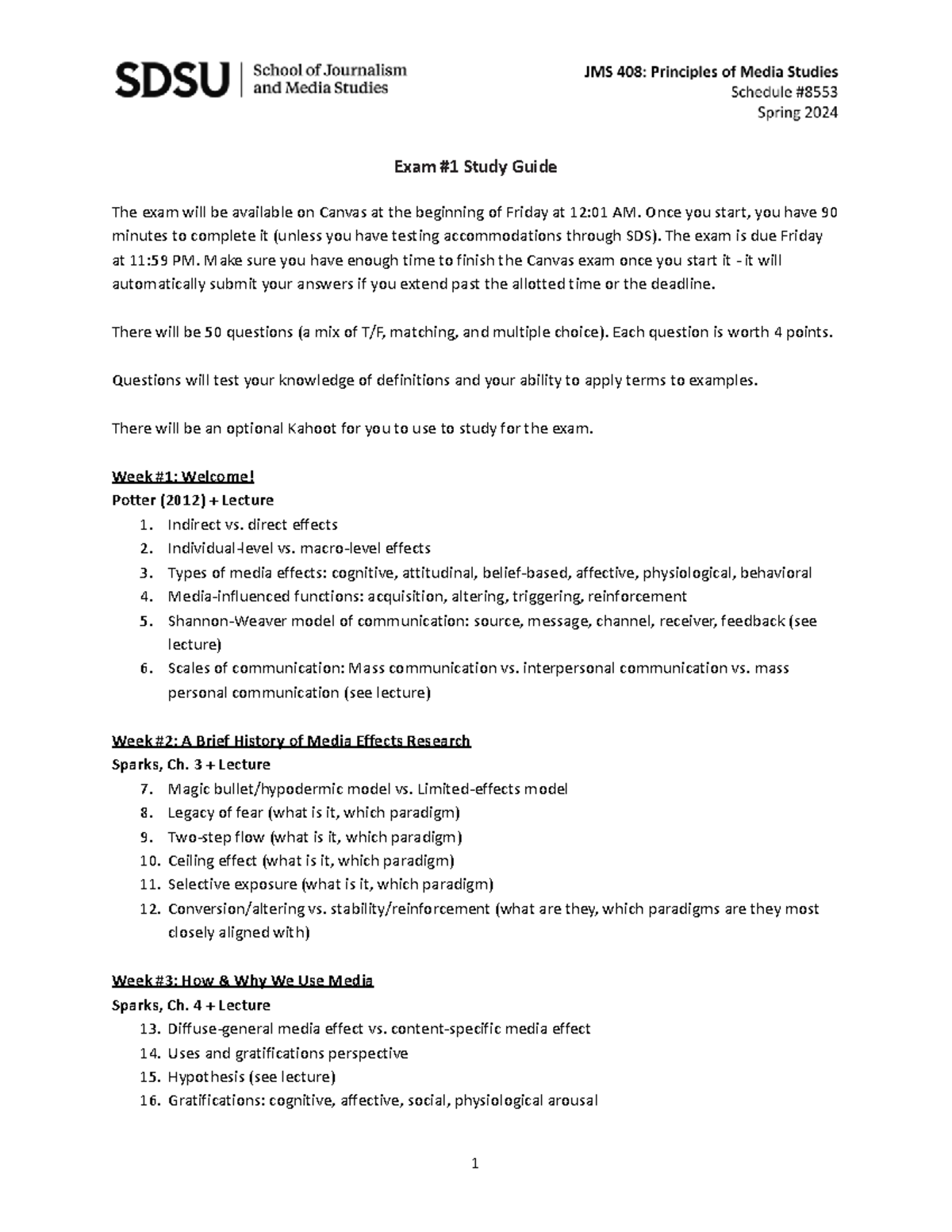 JMS 408 Exam #1 Study Guide - Spring 2024 - The exam will be available on Canvas at the ...