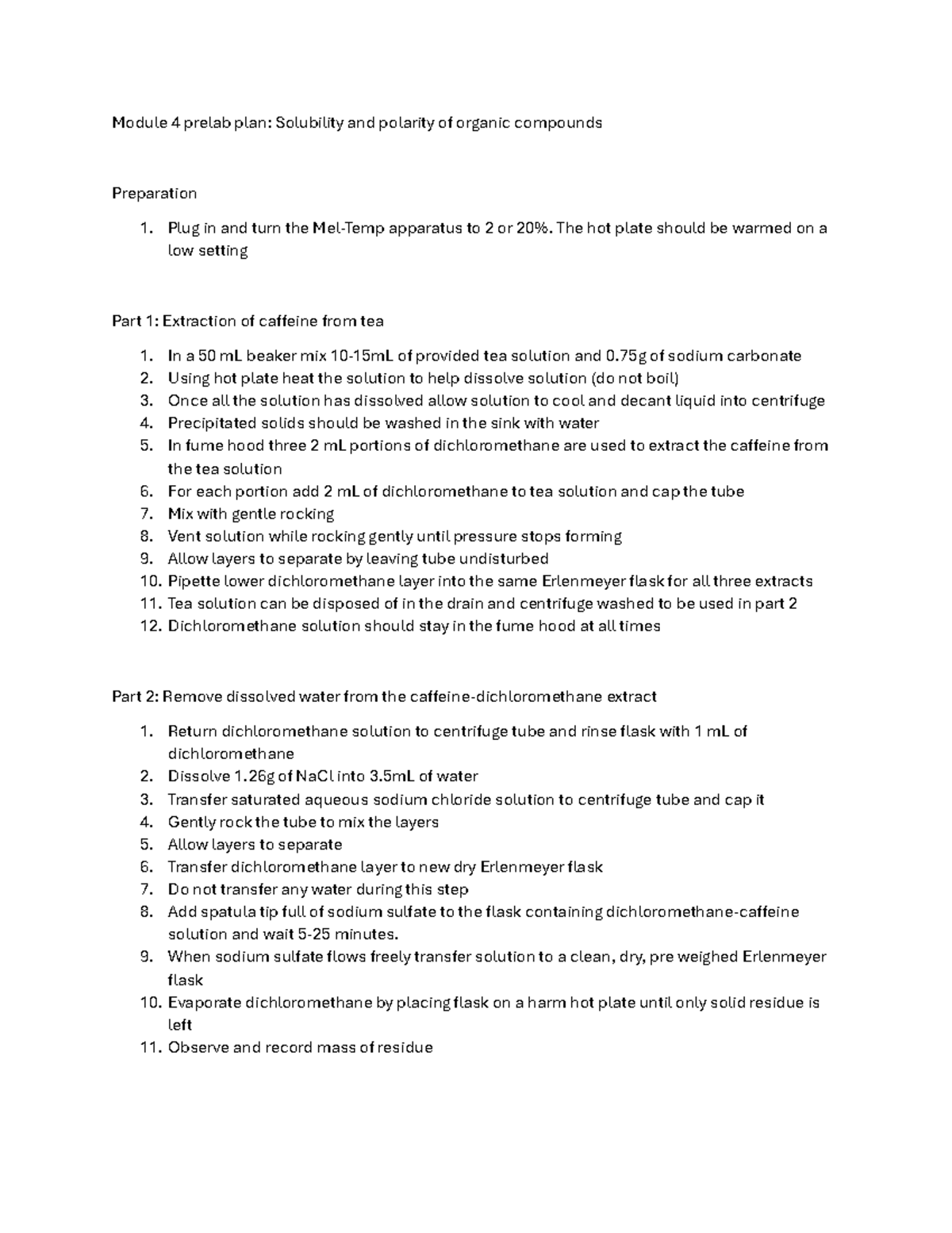 Module 4 prelab plan - Module 4 prelab plan: Solubility and polarity of ...