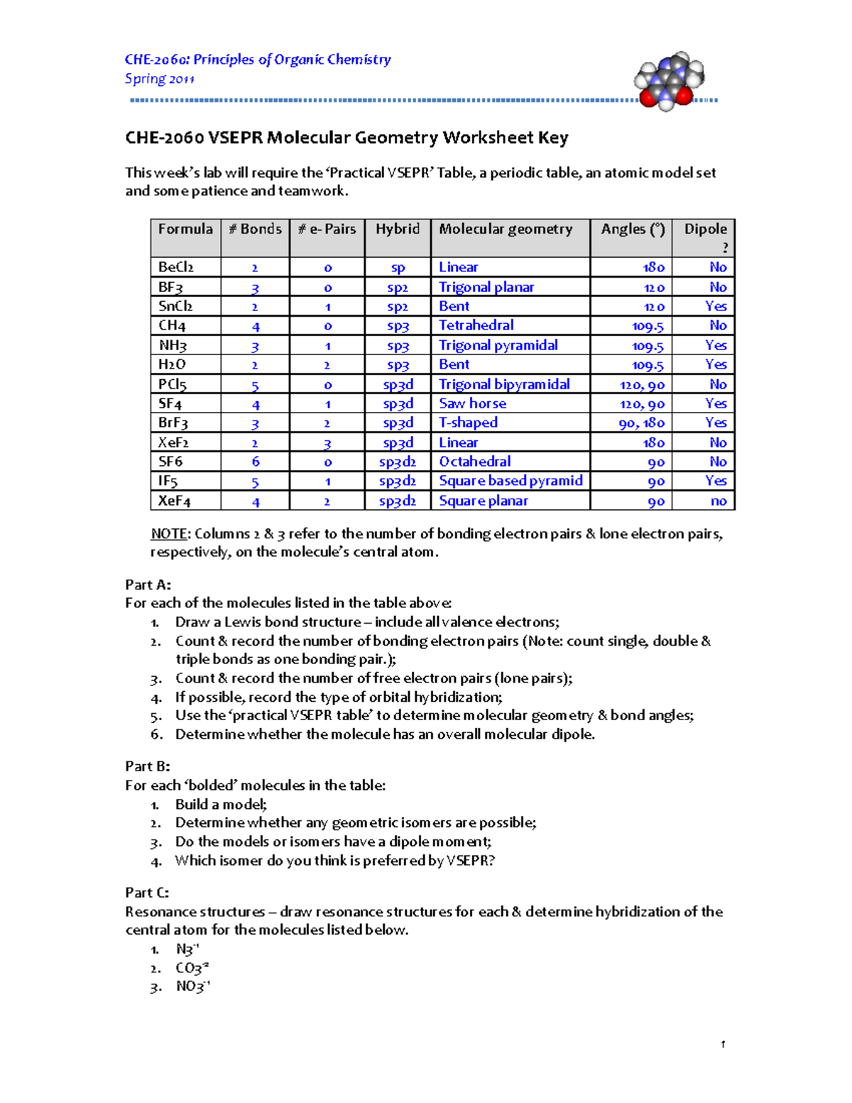 Che2060 vsepr geometry ws key - Spring 2011 CHE-2060 VSEPR Molecular ...