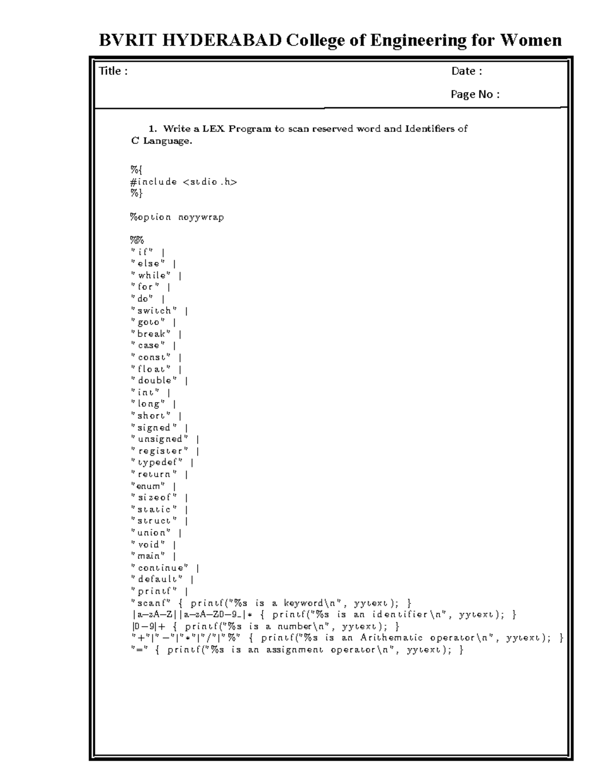 Pcc record - Title : Date : Page No : Write a LEX Program to scan ...