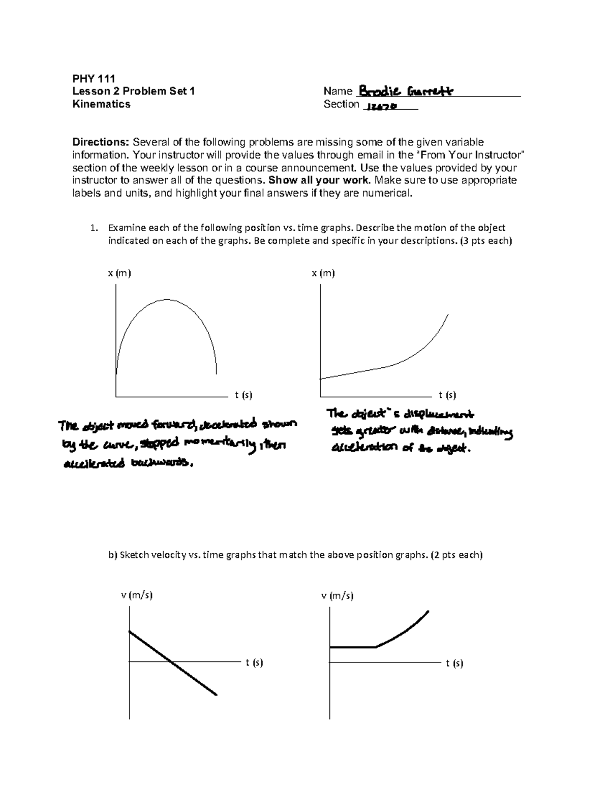 PHY111 Lesson 2 Problem Set - Your instructor will provide the values ...