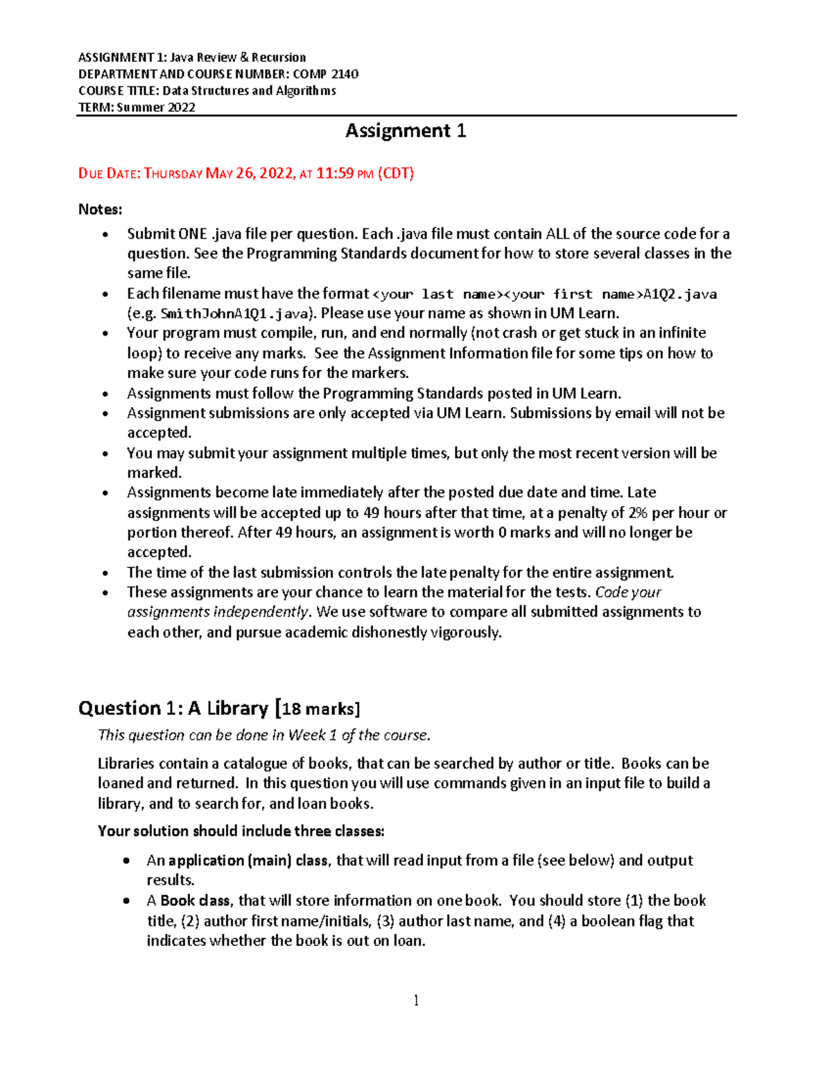 Assignment 1-COMP2140-Summer 2022 - ASSIGNMENT 1: Java Review & Recursion DEPARTMENT AND COURSE ...