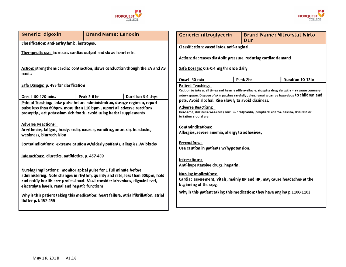 Nursing Medication Cards - May 16, 2018 V1. Generic: digoxin Brand Name ...