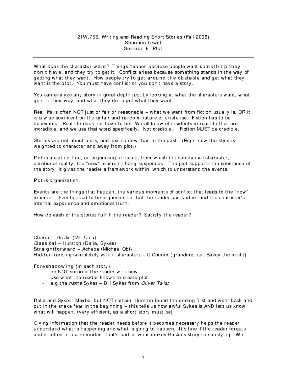 Lecture notes, Week 8 - Plot - 21W, Writing and Reading Short Stories ...