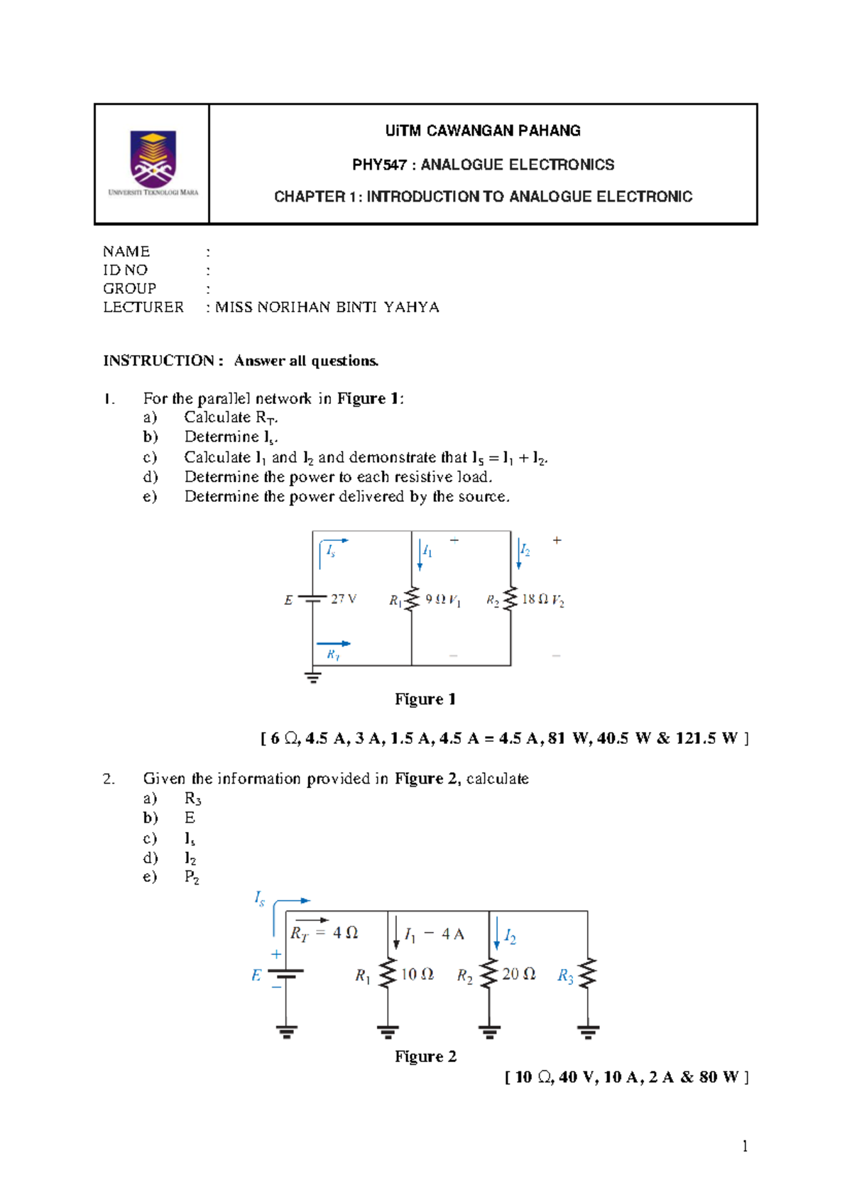 Tutorial 1 (C1) - PHY547 (S1) - UiTM CAWANGAN PAHANG PHY547 : ANALOGUE ...