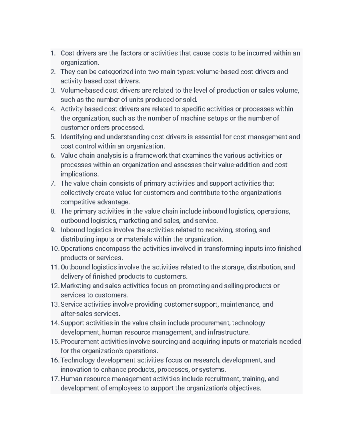 Cost drivers and value chain analysis Notes - Cost drivers are the ...