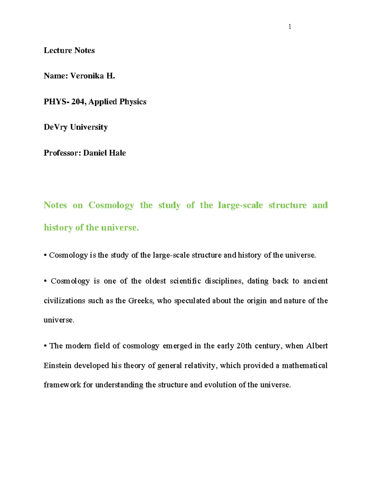 Notes on Cosmology - Lecture Notes Name: Veronika H. PHYS- 204, Applied ...