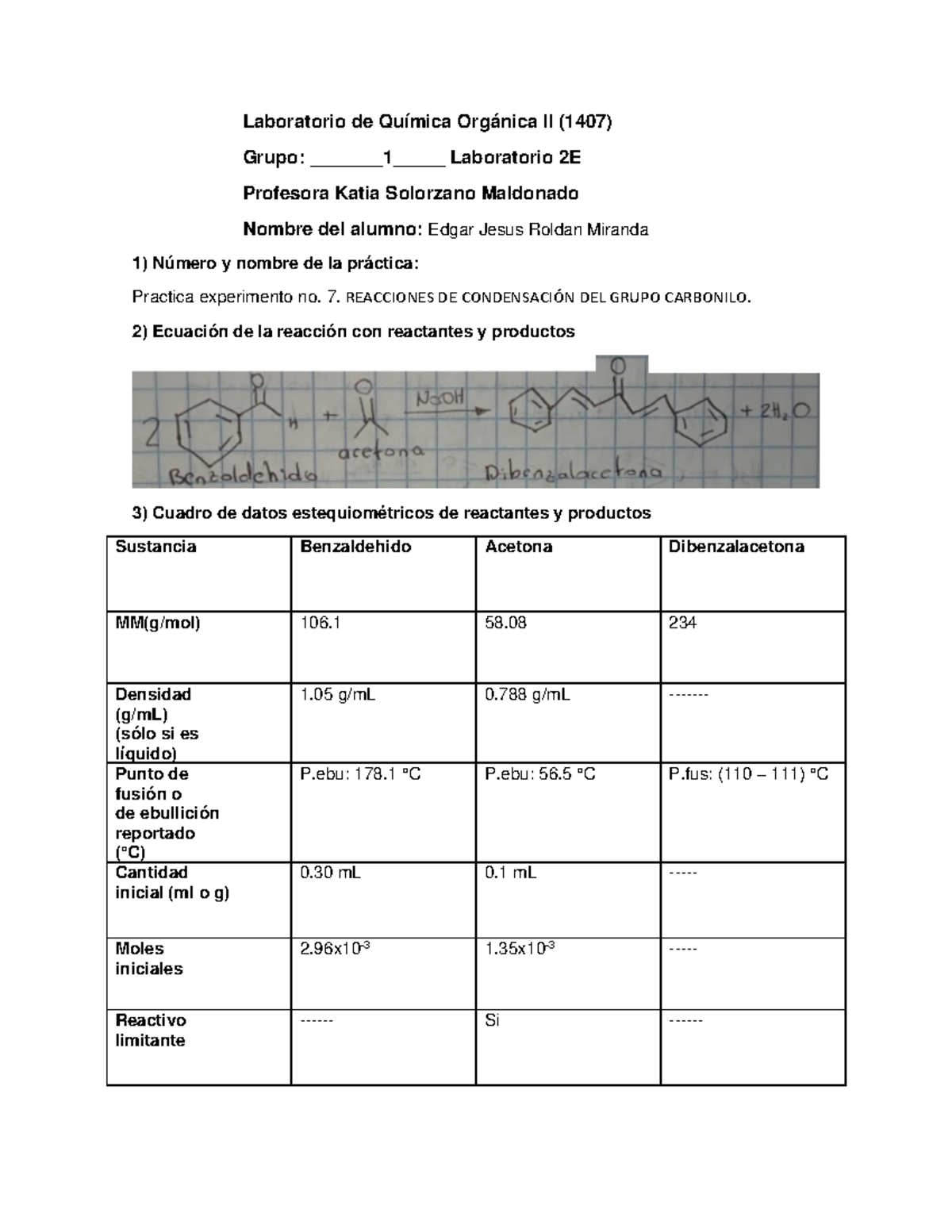 Practica 7 lab orga 2 - EJRM - Laboratorio de Química Orgánica ll (1407) Grupo: __1 Laboratorio ...