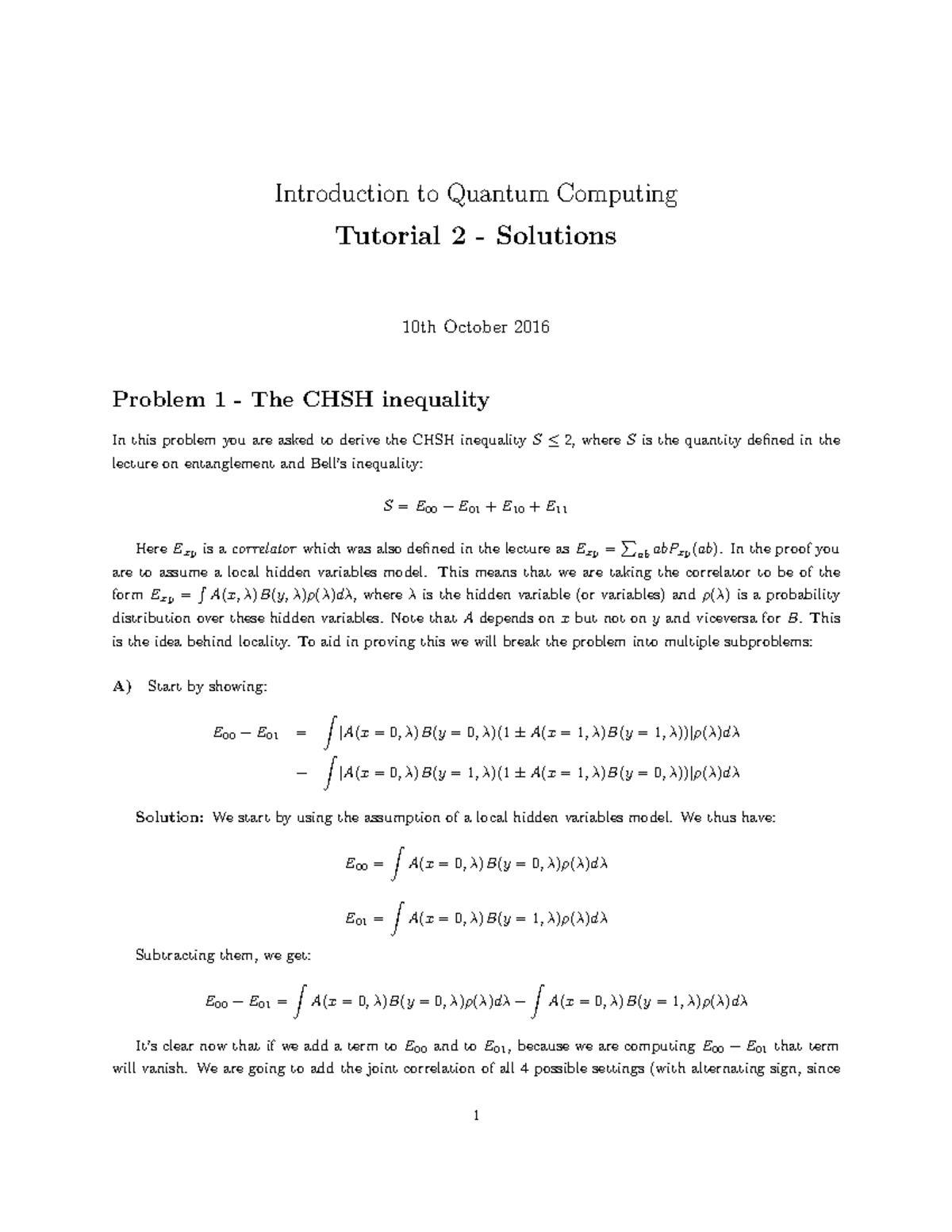 Tutorial 2Sol - Introduction to Quantum Computing Tutorial 2 ...