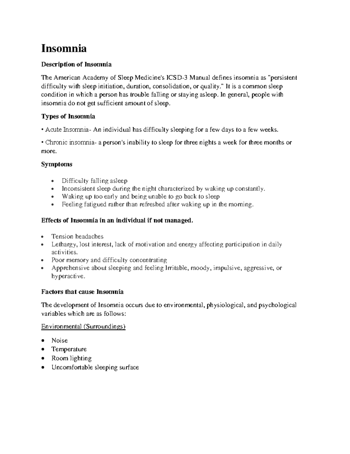 Midterm Project Insomnia and Sleep Apnea - Insomnia Description of ...