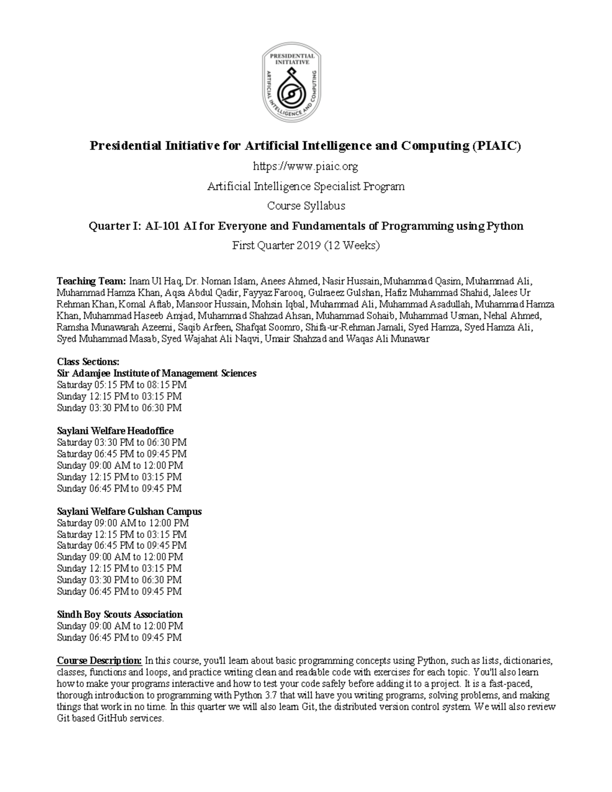 PIAIC Artificial Intelligence Quarter 1 Syllabus Batch 3 Islamabad - Presidential Initiative for ...