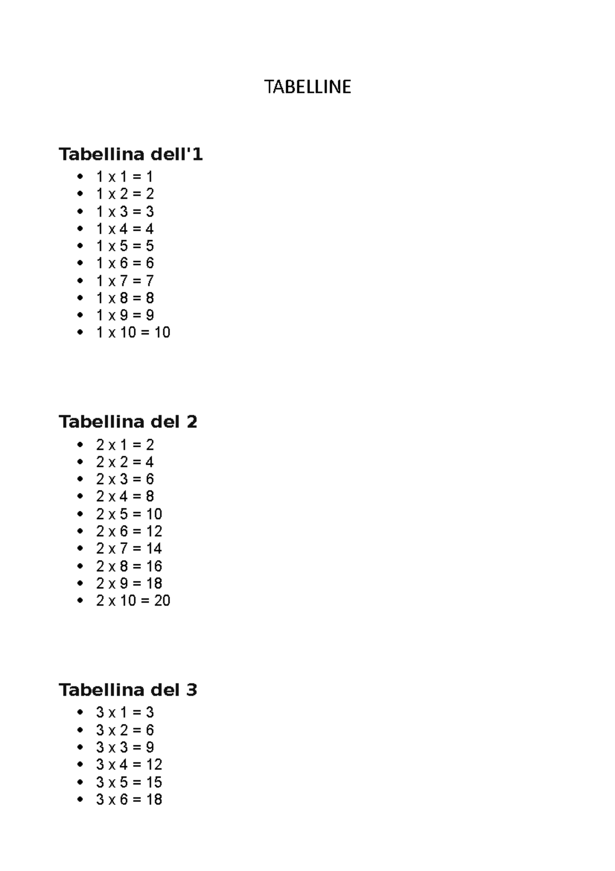 Tabelline da 1 a 12 complete word - TABELLINE Tabellina dell' Tabellina ...