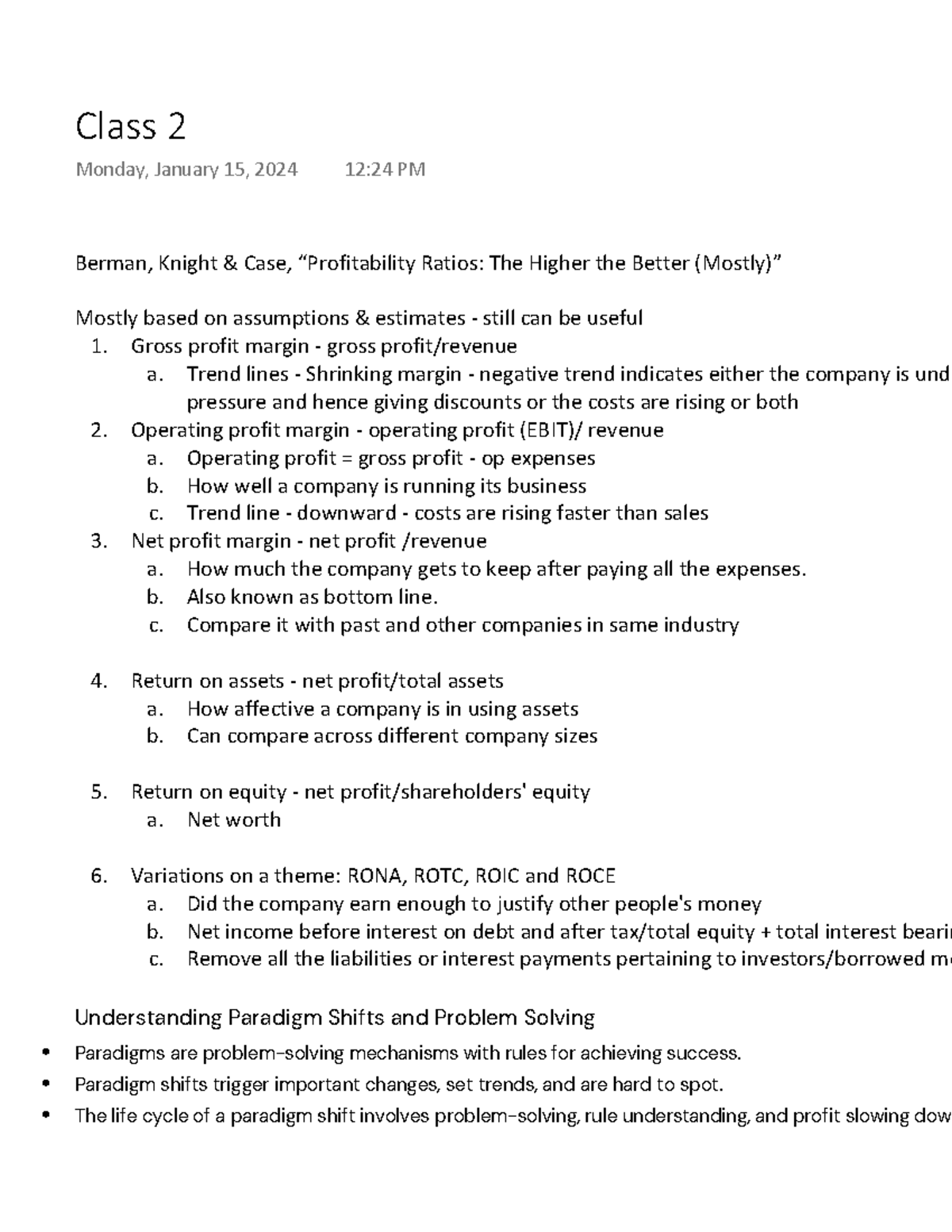Class 2 notes - sgmt - Berman, Knight & Case, “Profitability Ratios ...