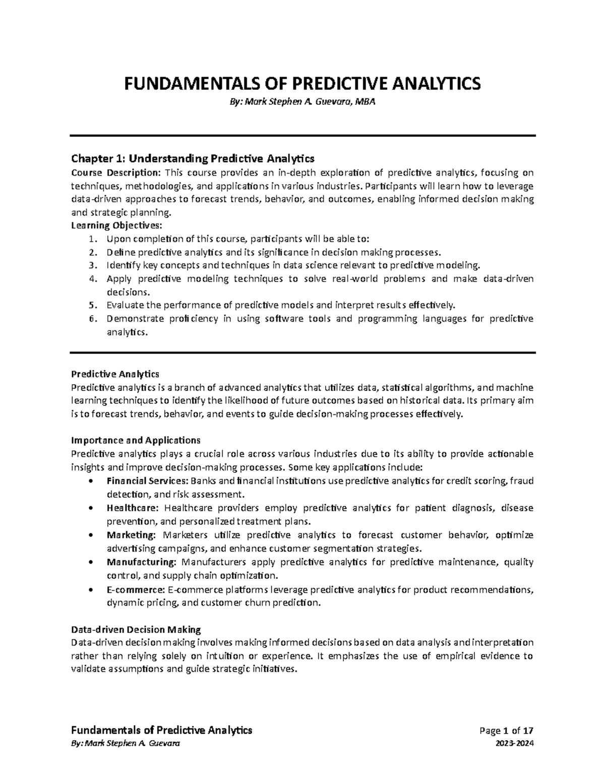 Fundamentals OF Predictive Analytics Reading Materials - Fundamentals of Predictive Analytics ...