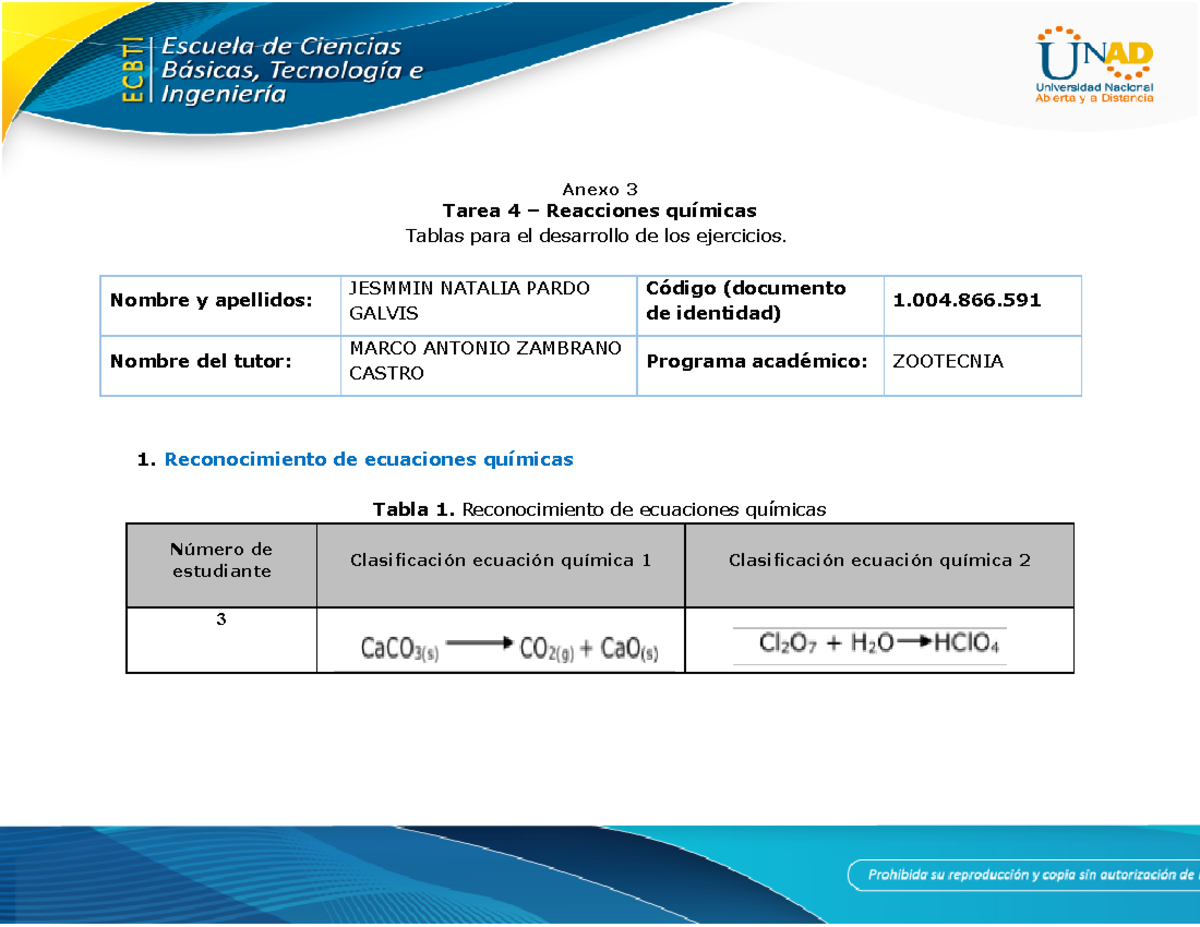 Anexo 3 - 000 - Anexo 3 Tarea 4 – Reacciones químicas Tablas para el desarrollo de los ...