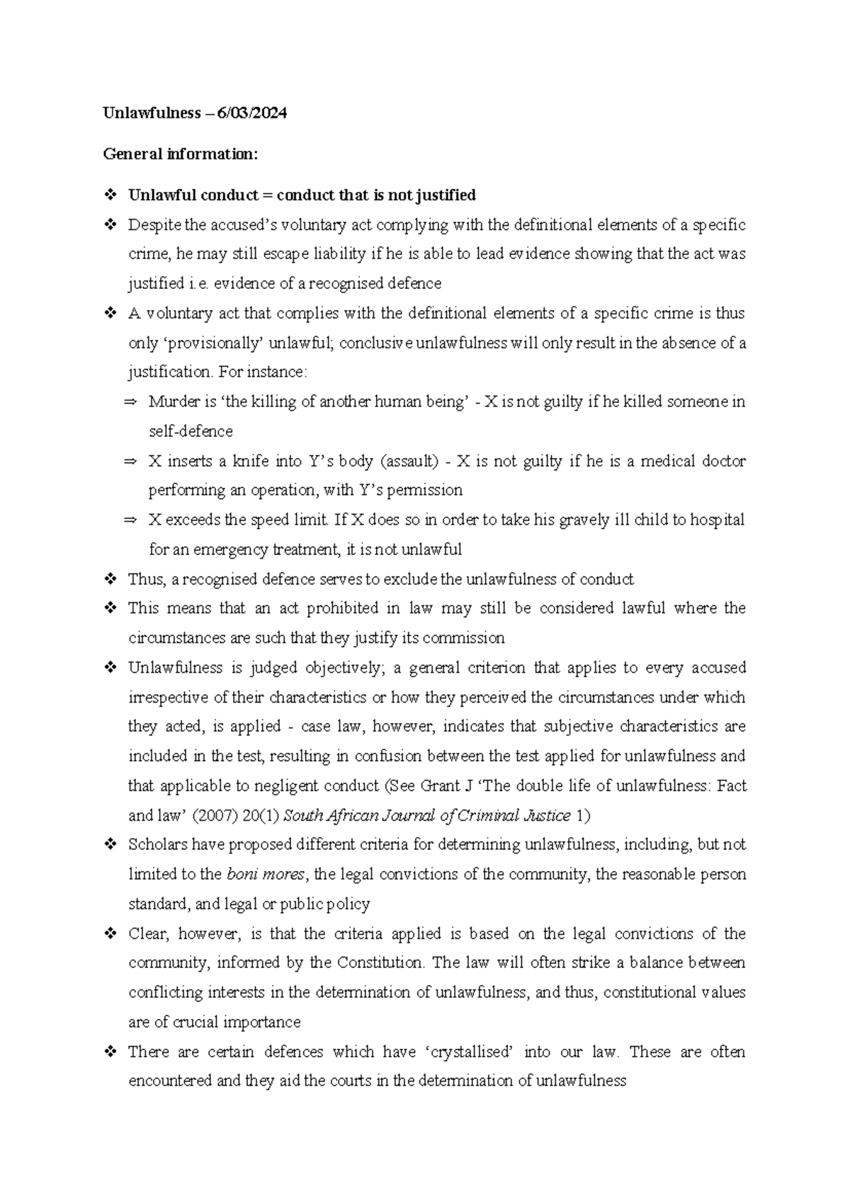 Week 4 & 5 (Unlawfulness) - Unlawfulness – 6/03/ General information ...