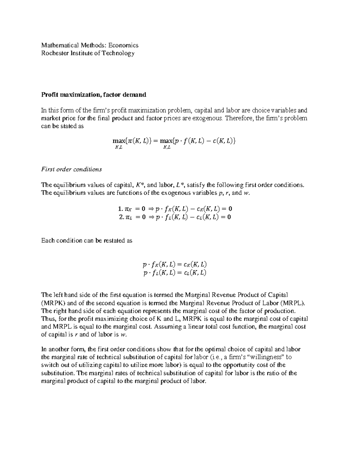 Profit Maximization - Notes - Mathematical Methods: Economics Rochester ...