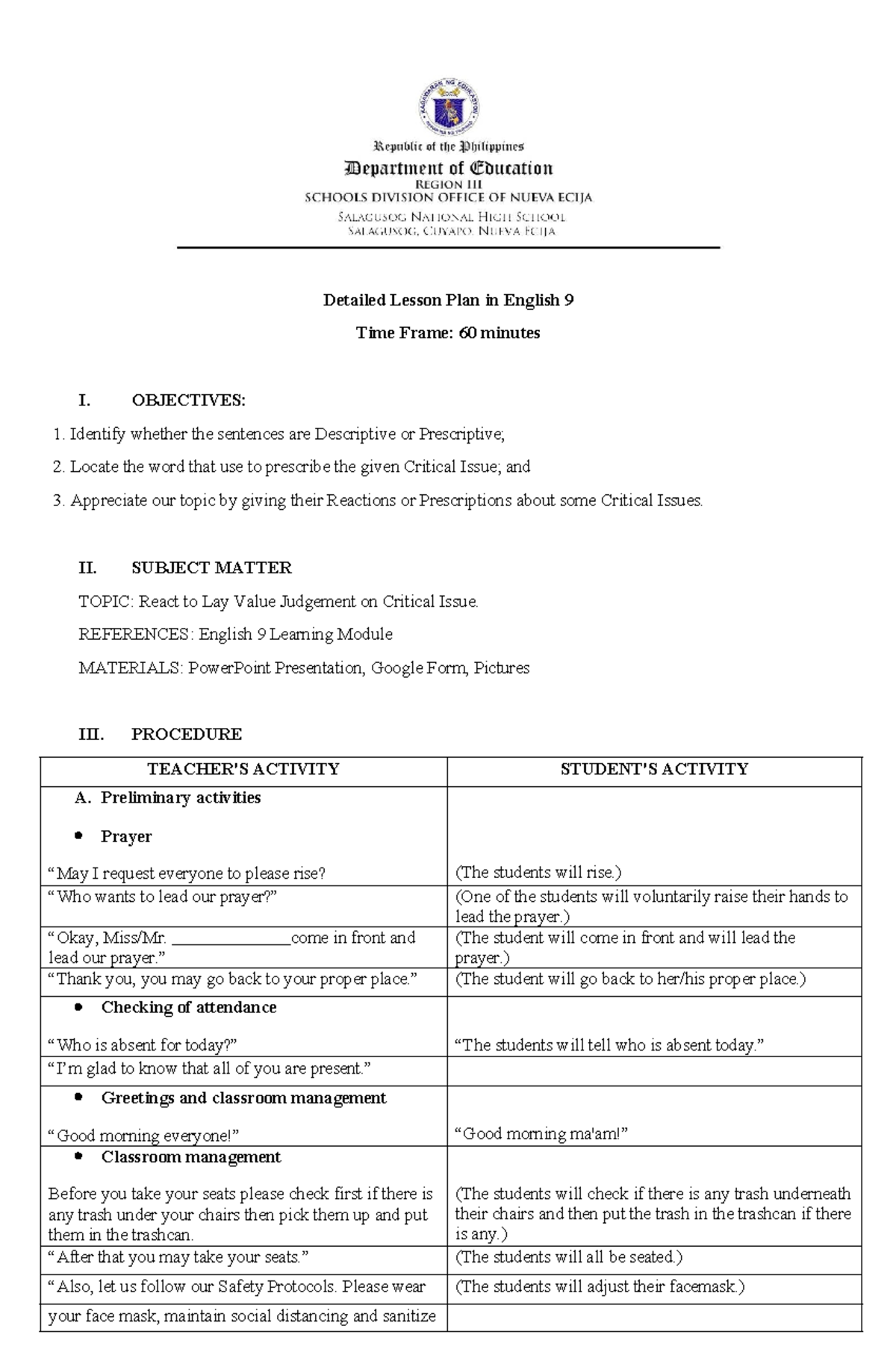 Dlp in english 9 quarter 4 week 5 - Detailed Lesson Plan in English 9 ...