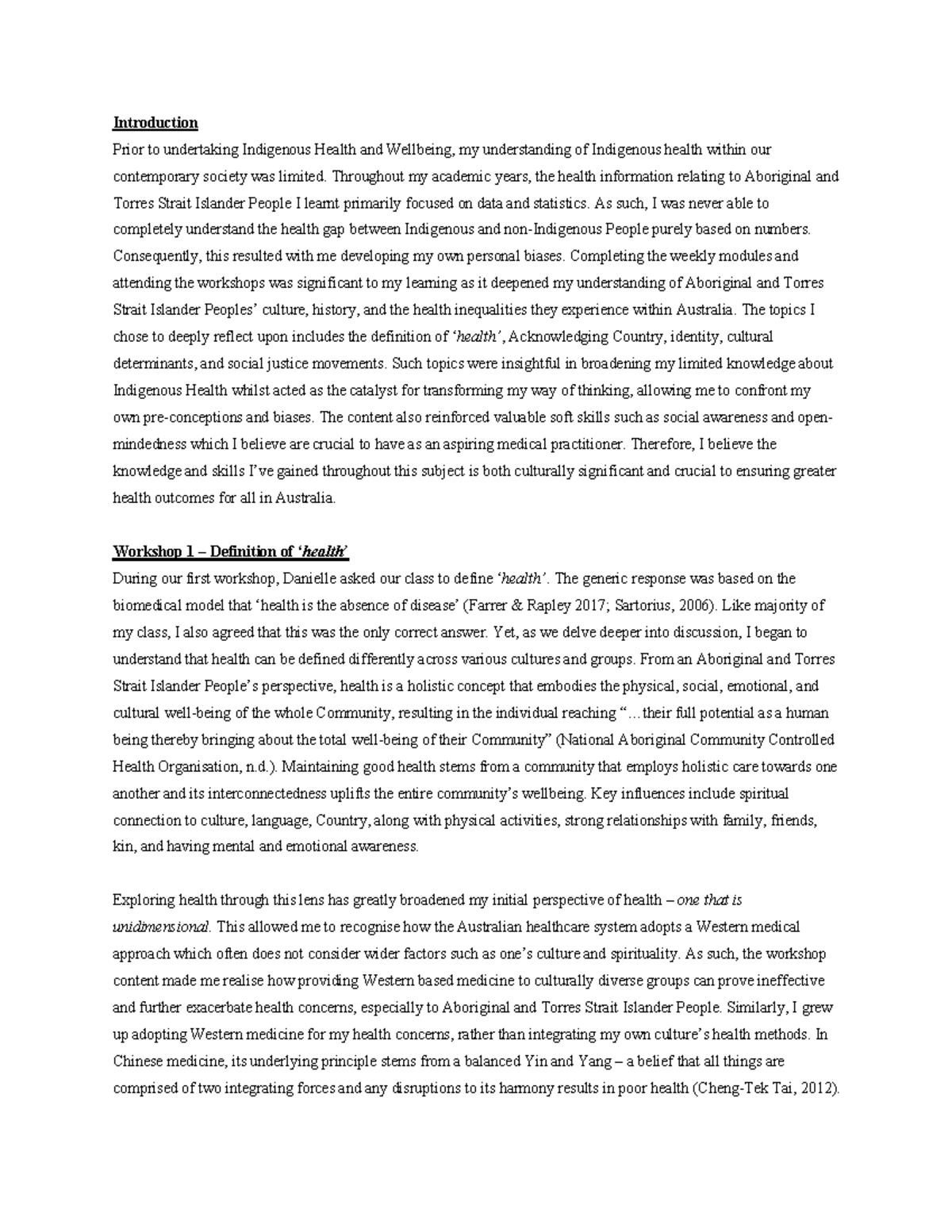 IHW reflection - Introduction Prior to undertaking Indigenous Health ...