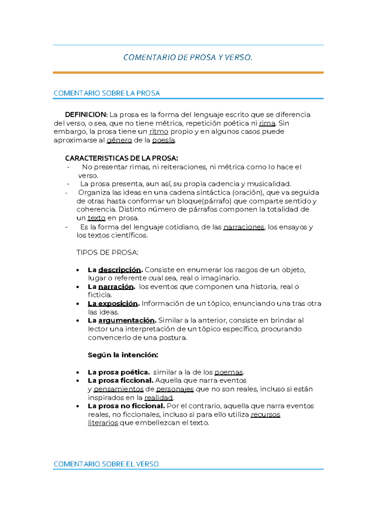 Comentario DE Prosa Y Verso - COMENTARIO DE PROSA Y VERSO. COMENTARIO ...