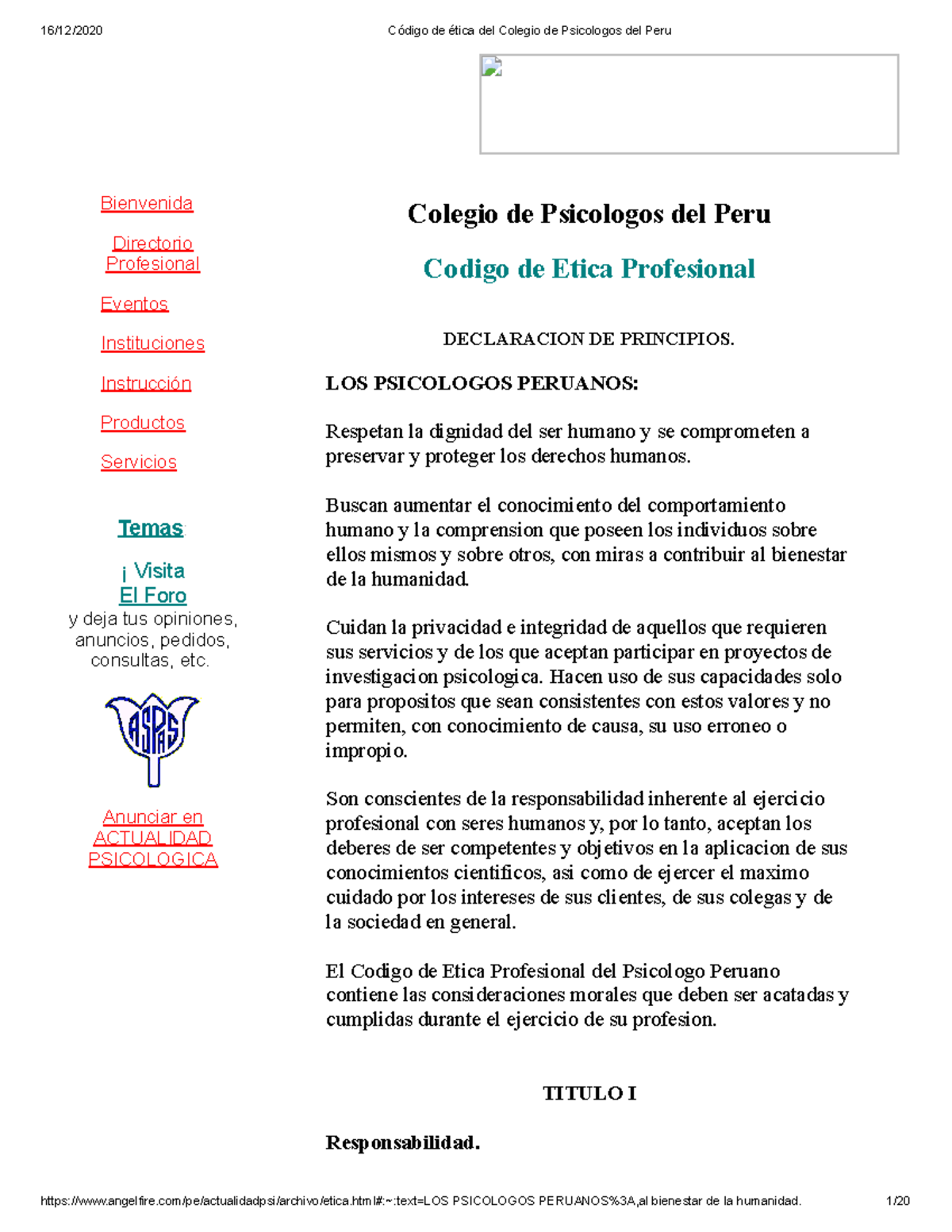 Código de ética del Colegio de Psicologos del Peru - Bienvenida ...