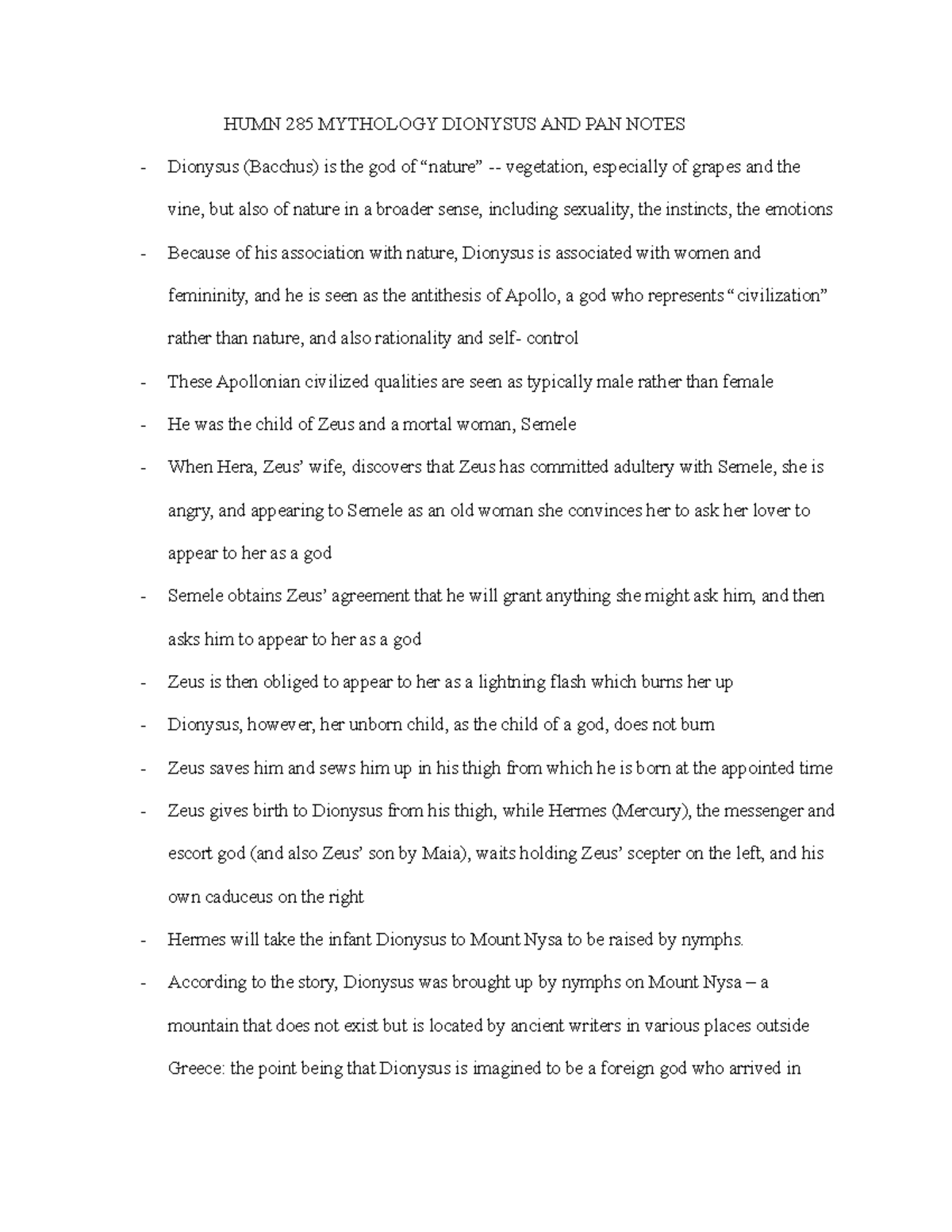 HUMN 285 Mythology Dionysus AND PAN Notes - HUMN 285 MYTHOLOGY DIONYSUS ...