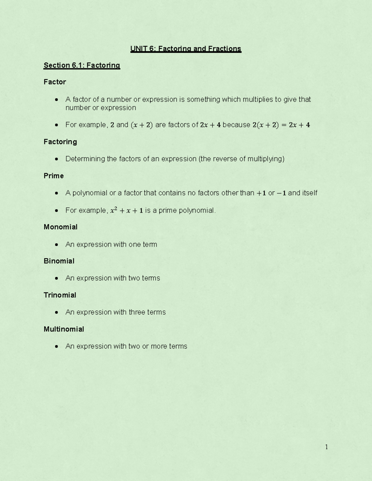 MA1700 Notes 7 Unit 6 Factoring and Fractions - UNIT 6: Factoring and ...