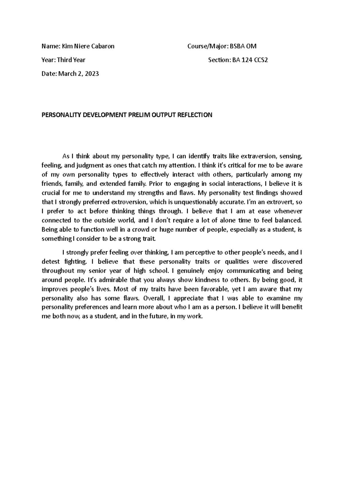 Prelim Output Reflection - Name: Kim Niere Cabaron Course/Major: BSBA ...