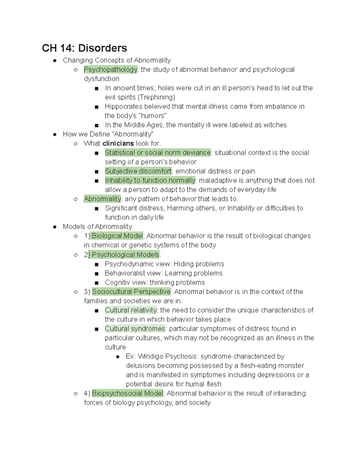 PSYC 101 Class Notes-71 - CH 14: Disorders Changing Concepts of ...