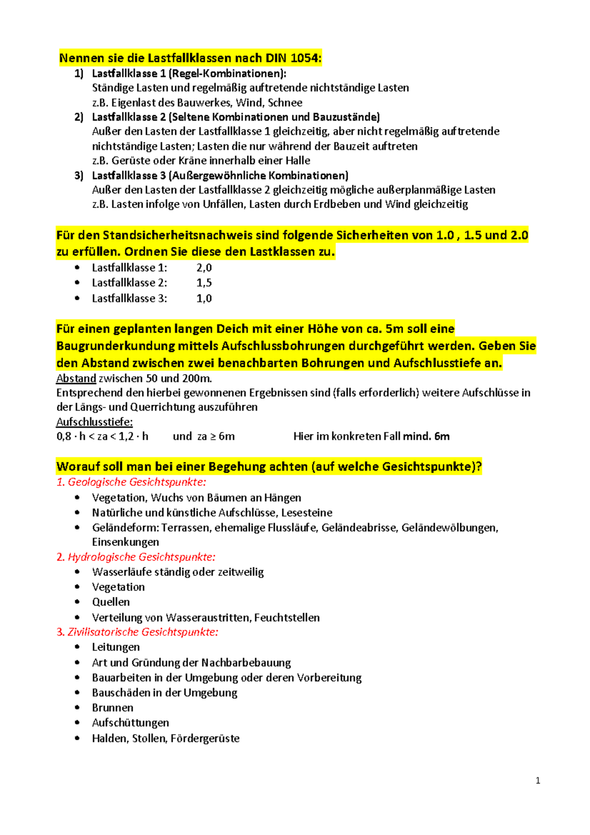 Geotechnik I Fragen - Prof. WU - Nennen sie die Lastfallklassen nach ...