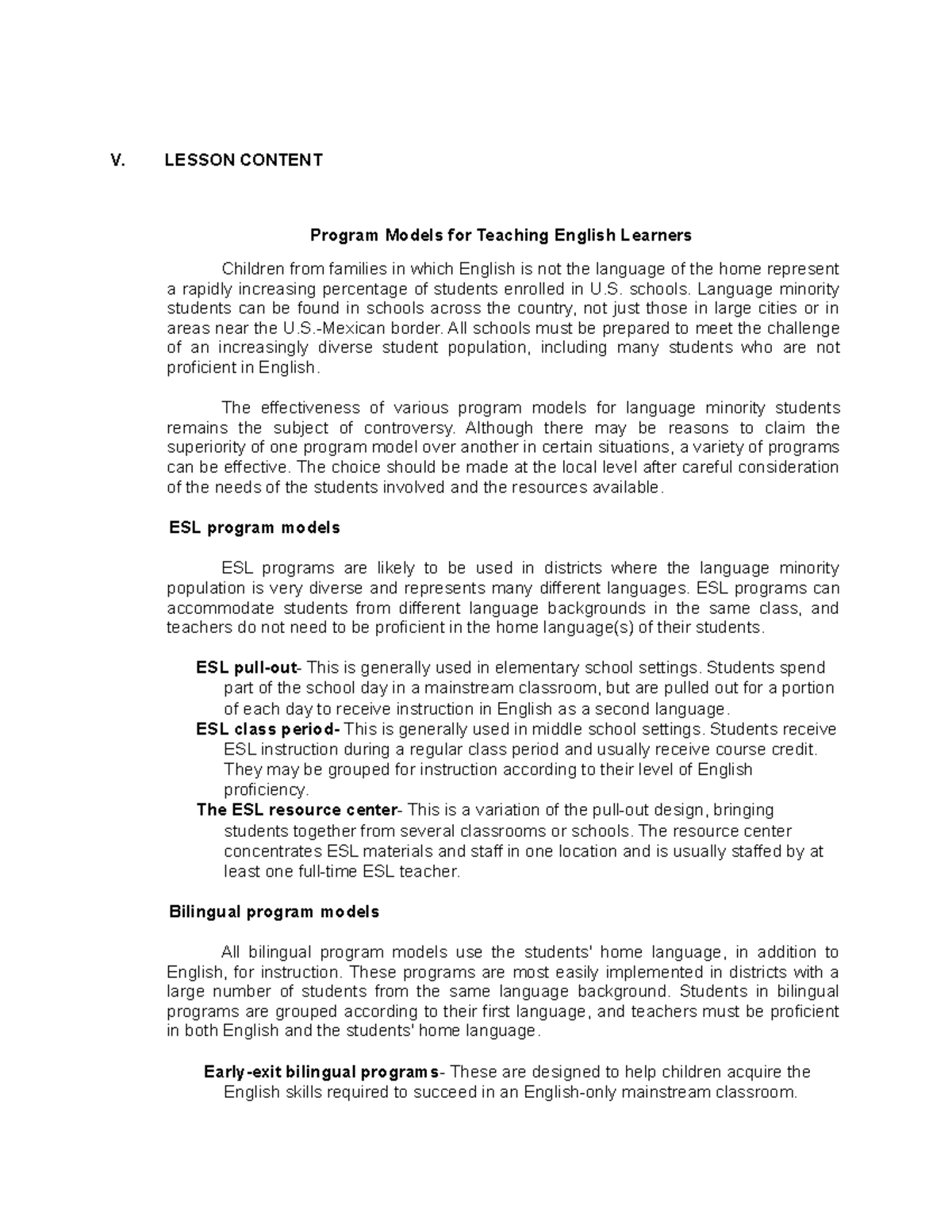 Foundations of English Language 4 - V. LESSON CONTENT Program Models ...