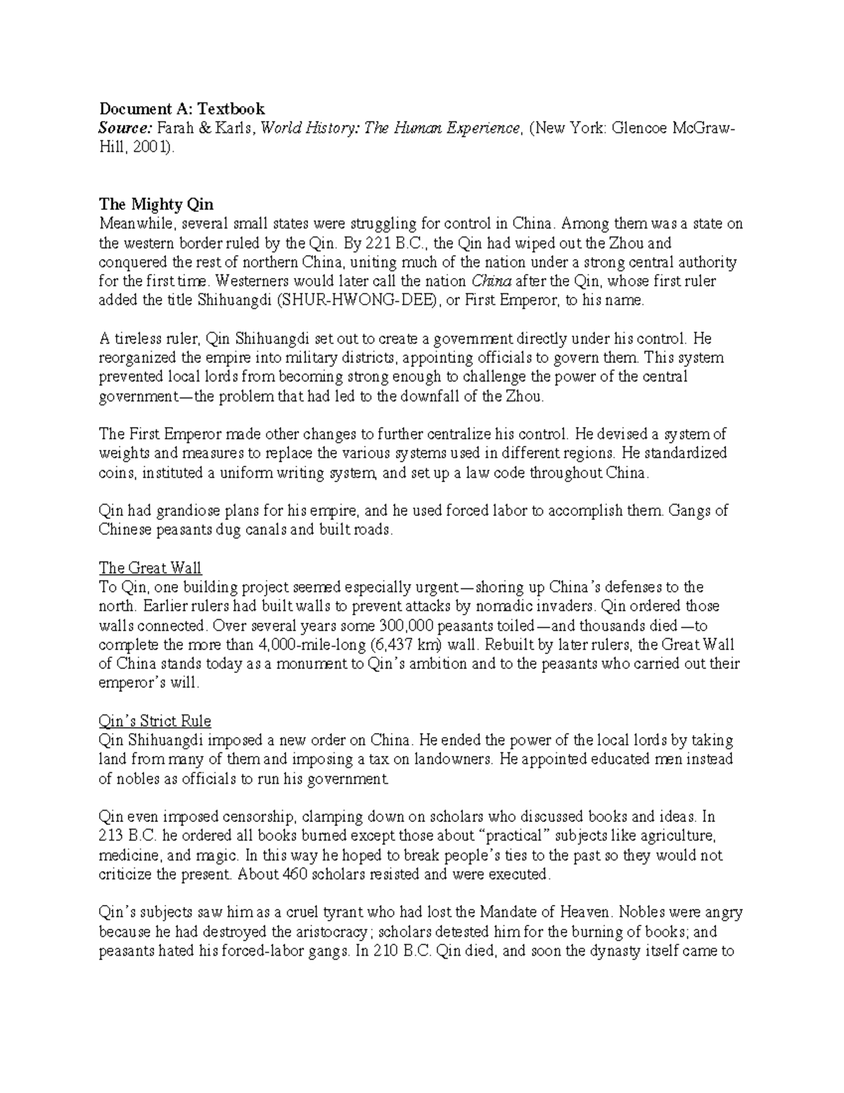 Downfall of Qin Documents - Document A: Textbook Source: Farah & Karls ...