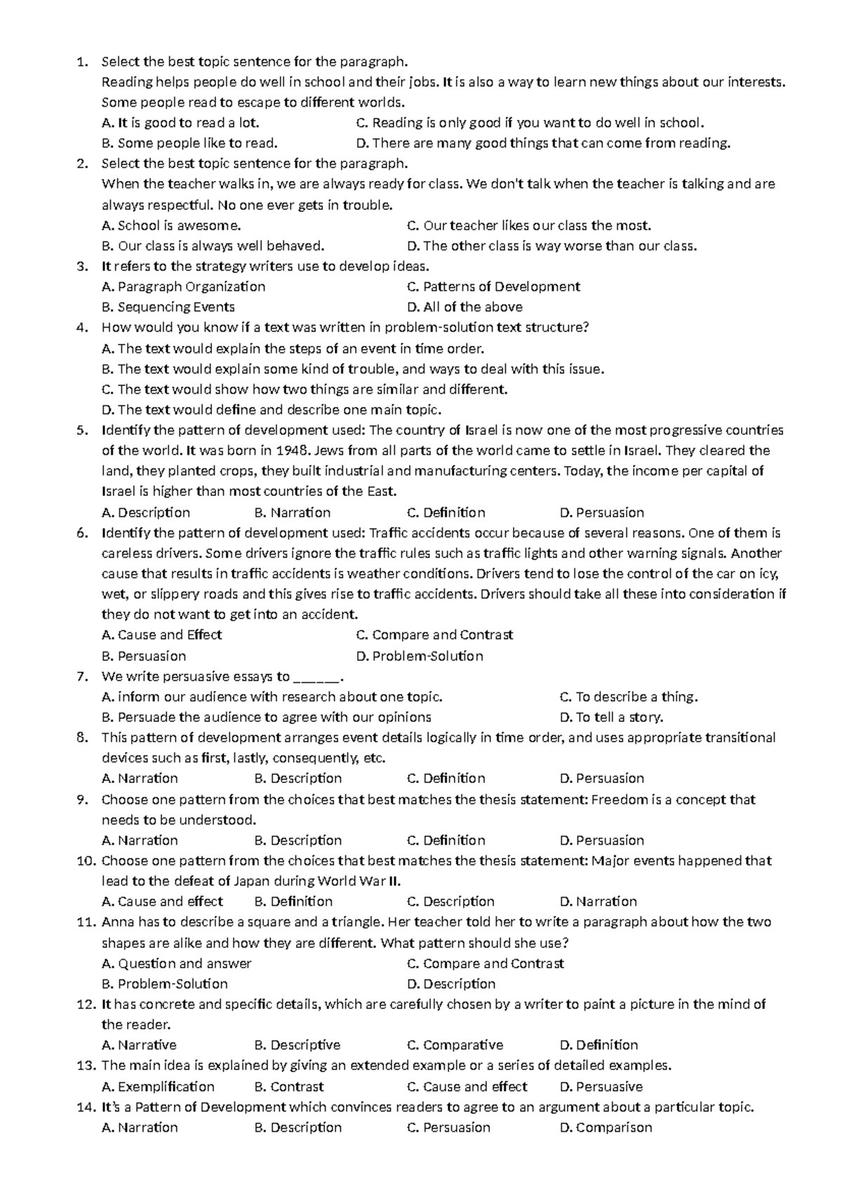 Summative Test in Reading and Writing - Select the best topic sentence ...