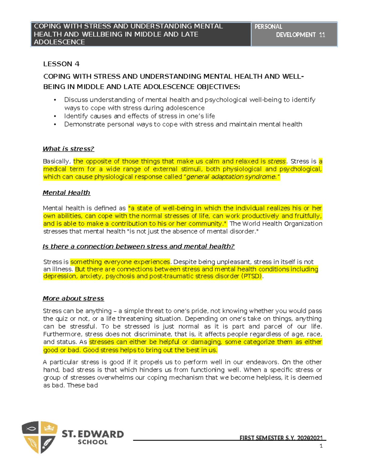 Lesson-4- Stress - lecture notes perdev 4 - FIRST SEMESTER S. 2020 ...