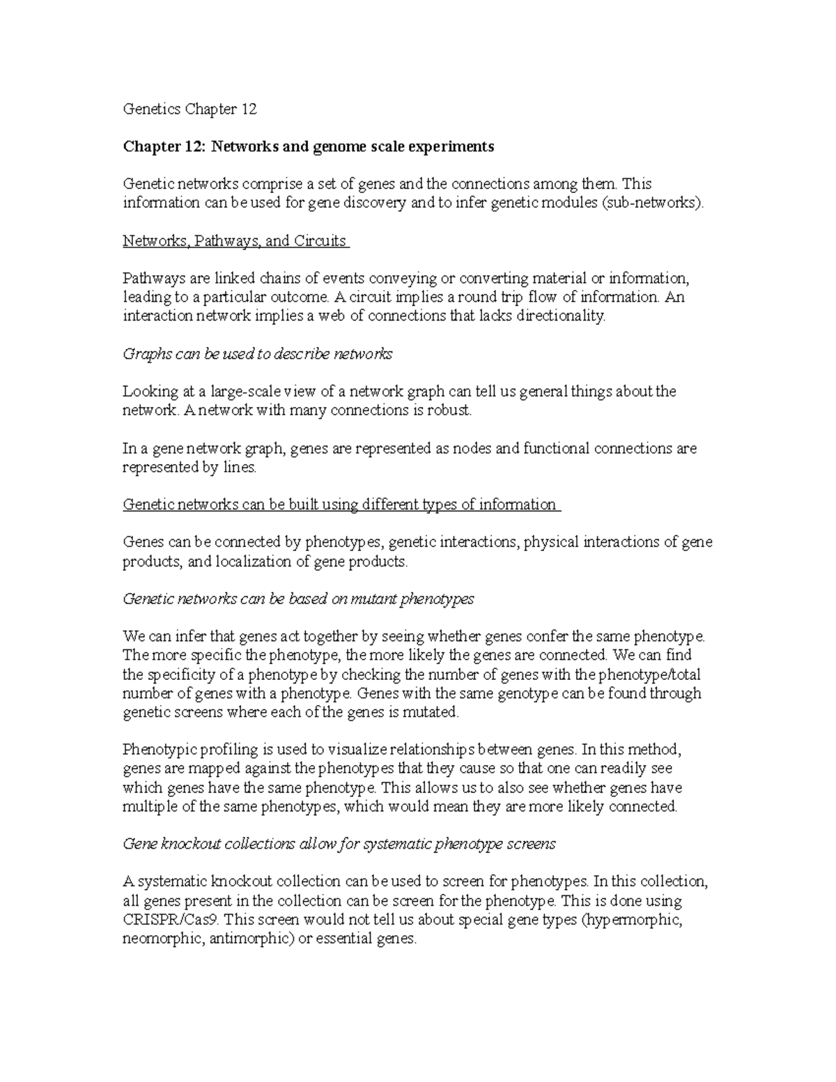 Bi 122 Ch 12 Textbook Notes - Genetics Chapter 12 Chapter 12: Networks ...