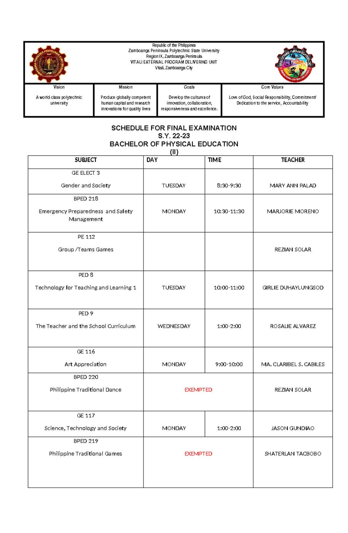 BPED 2A Final Sched. A.Y 22-23 - Republic of the Philippines Zamboanga ...